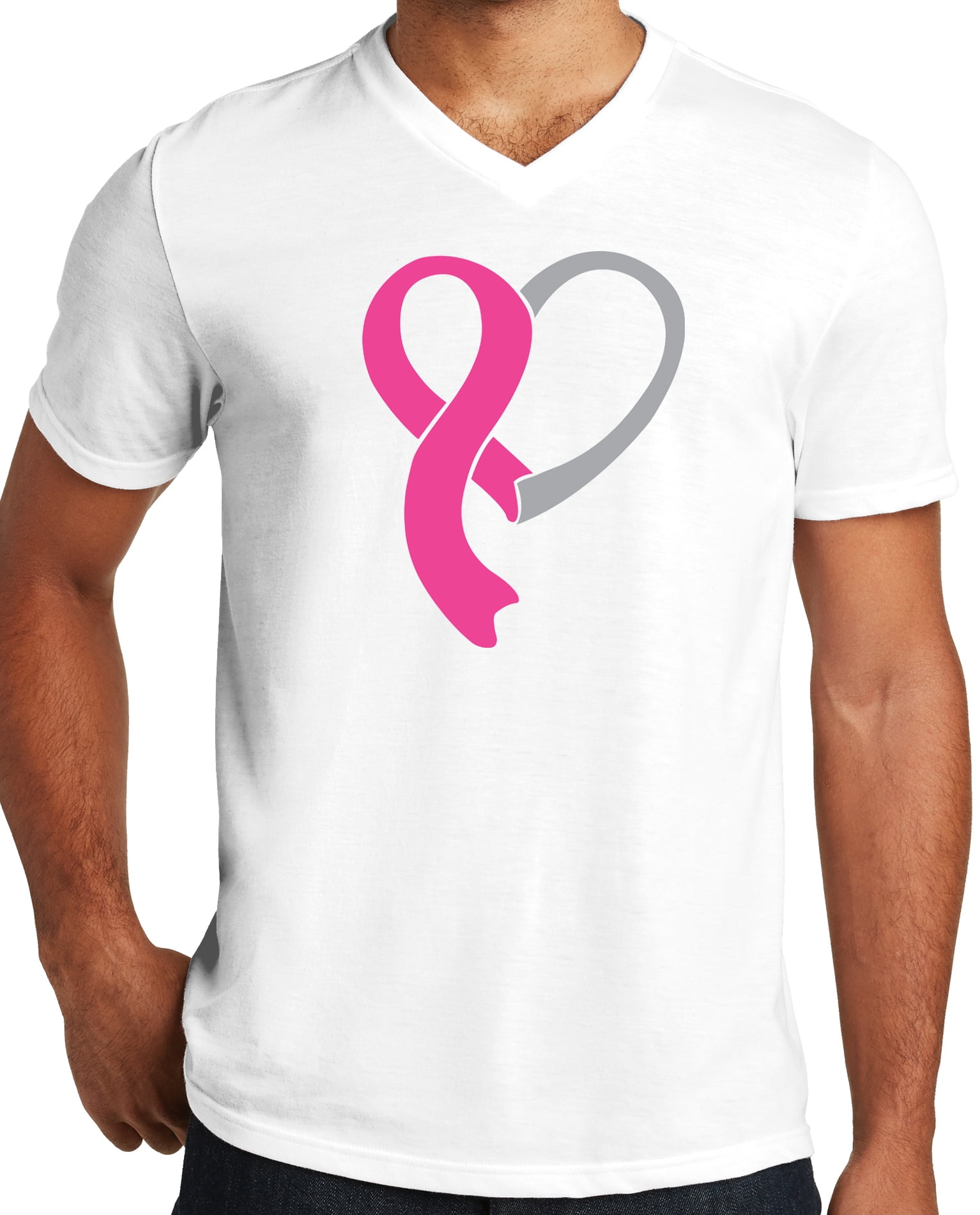 Mens Cancer Awareness Heart Ribbon V Neck Tee Shirt White Frost 3xl