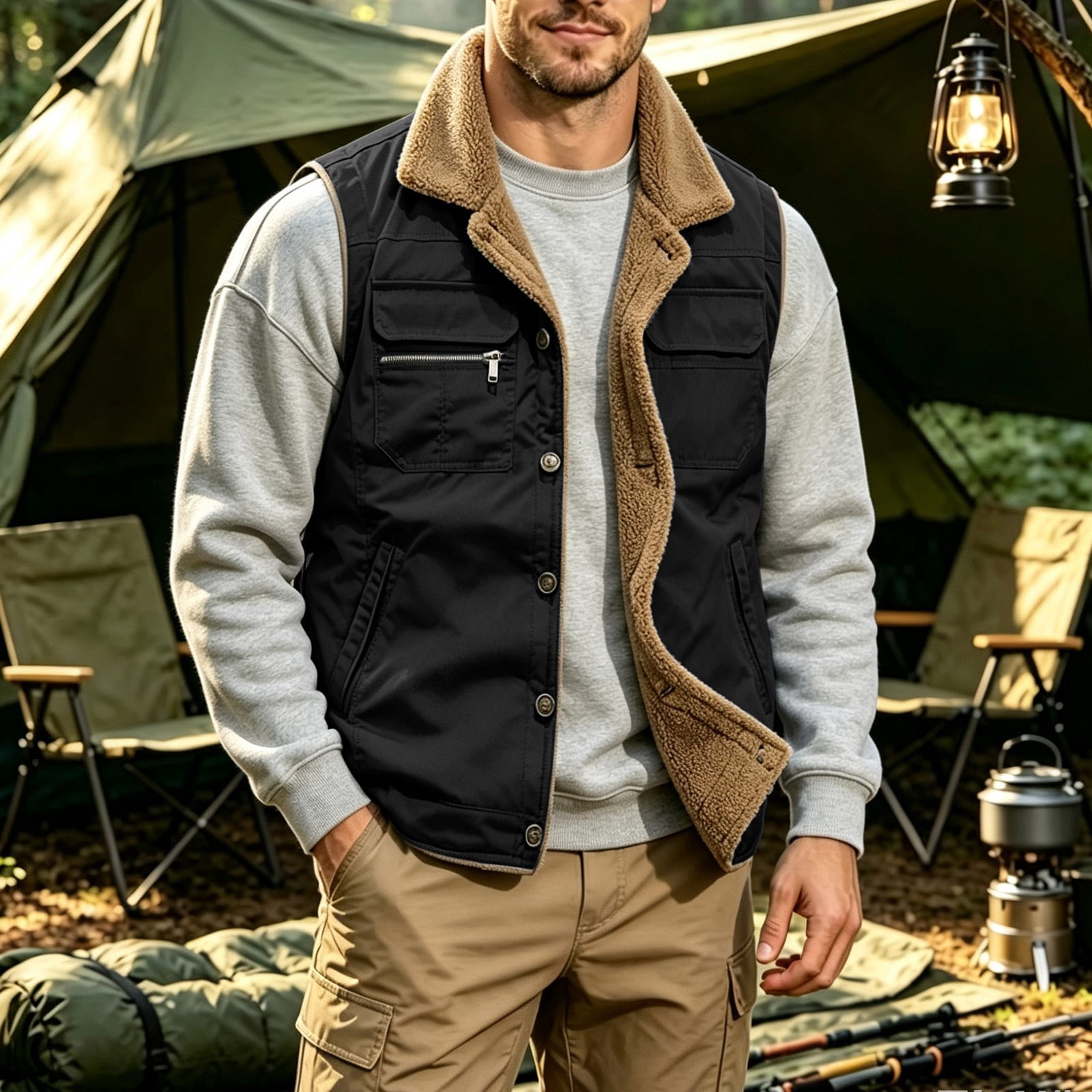 Mens Canvas Vest Fleece Sherpa Lined Work Vest Multi Pockets Button ...