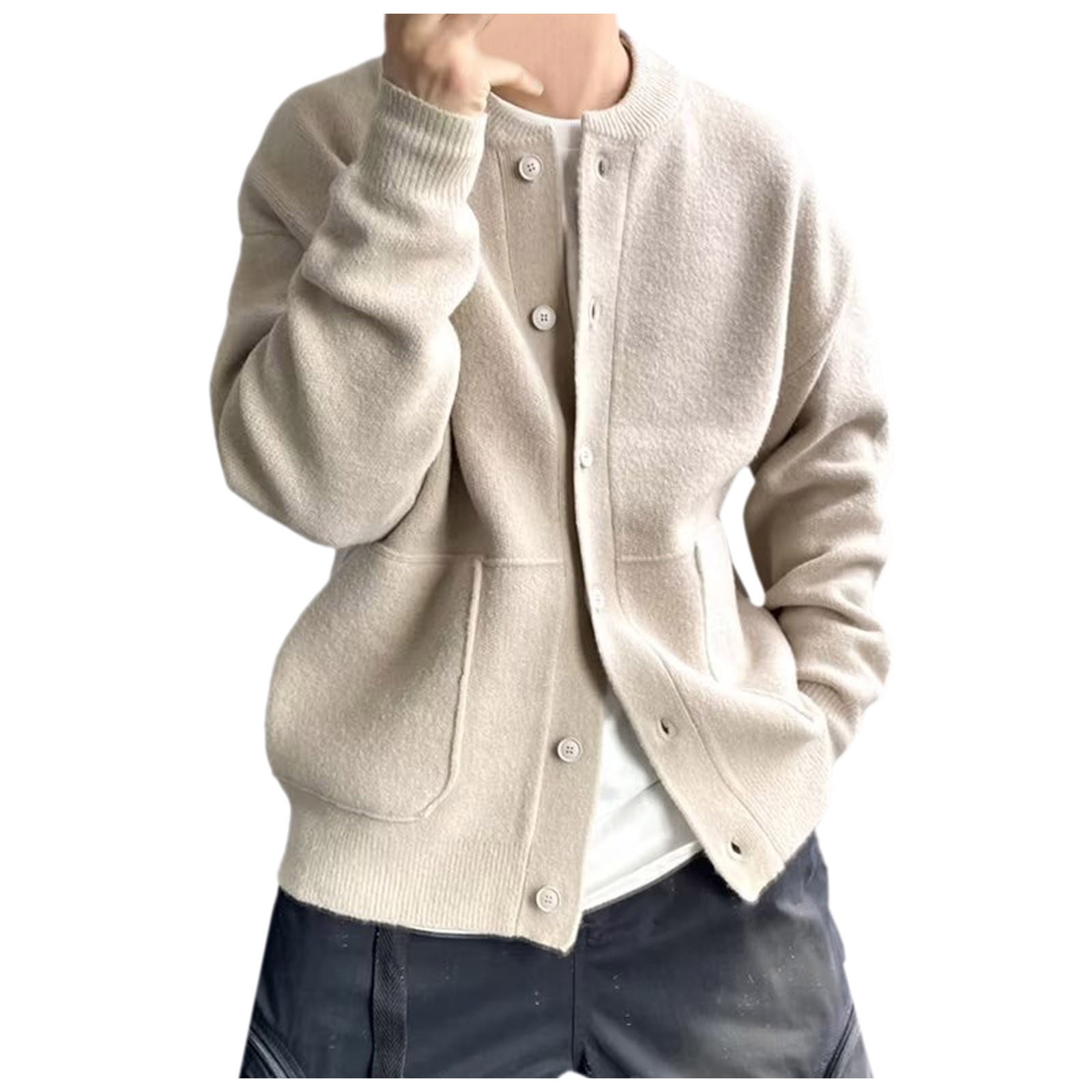 Mens Cardigan Sweater Male Solid Color Long Sleeve Sting Collar ...
