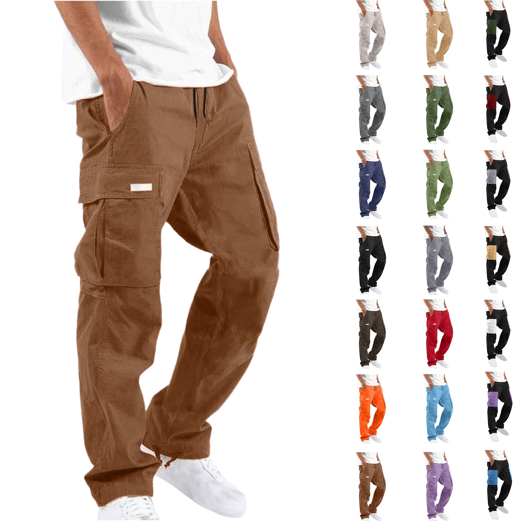 Mens Cargo Pants Elastic Waist Drawstring Stretch Loose Joggers Work ...