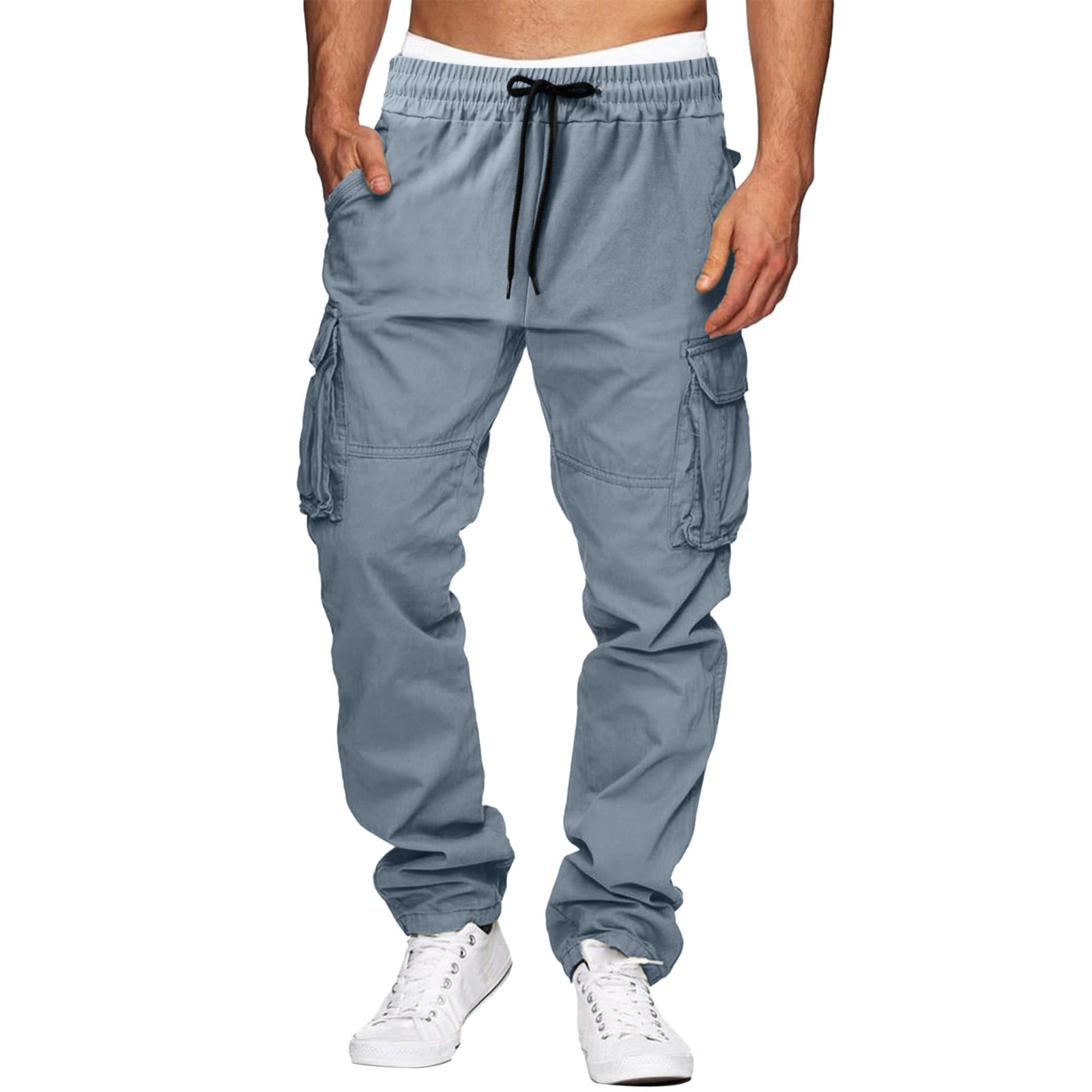 Mens Cargo Pants Versatile Multi Pocket Zip Button Hem Solid Color Plus
