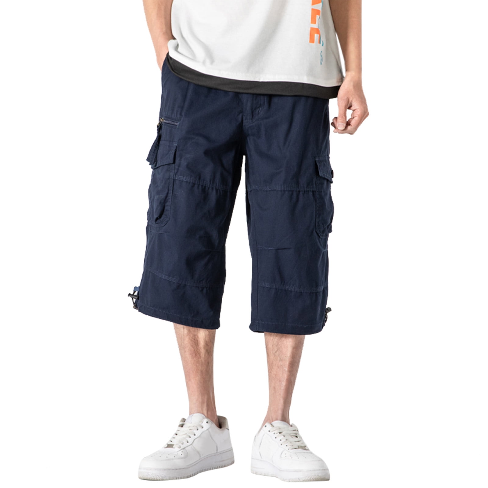 Mens Cargo Shorts 3/4 Relaxed Fit Casual Twill Elastic Below Knee Loose Fit Multi-Pocket Capri ...