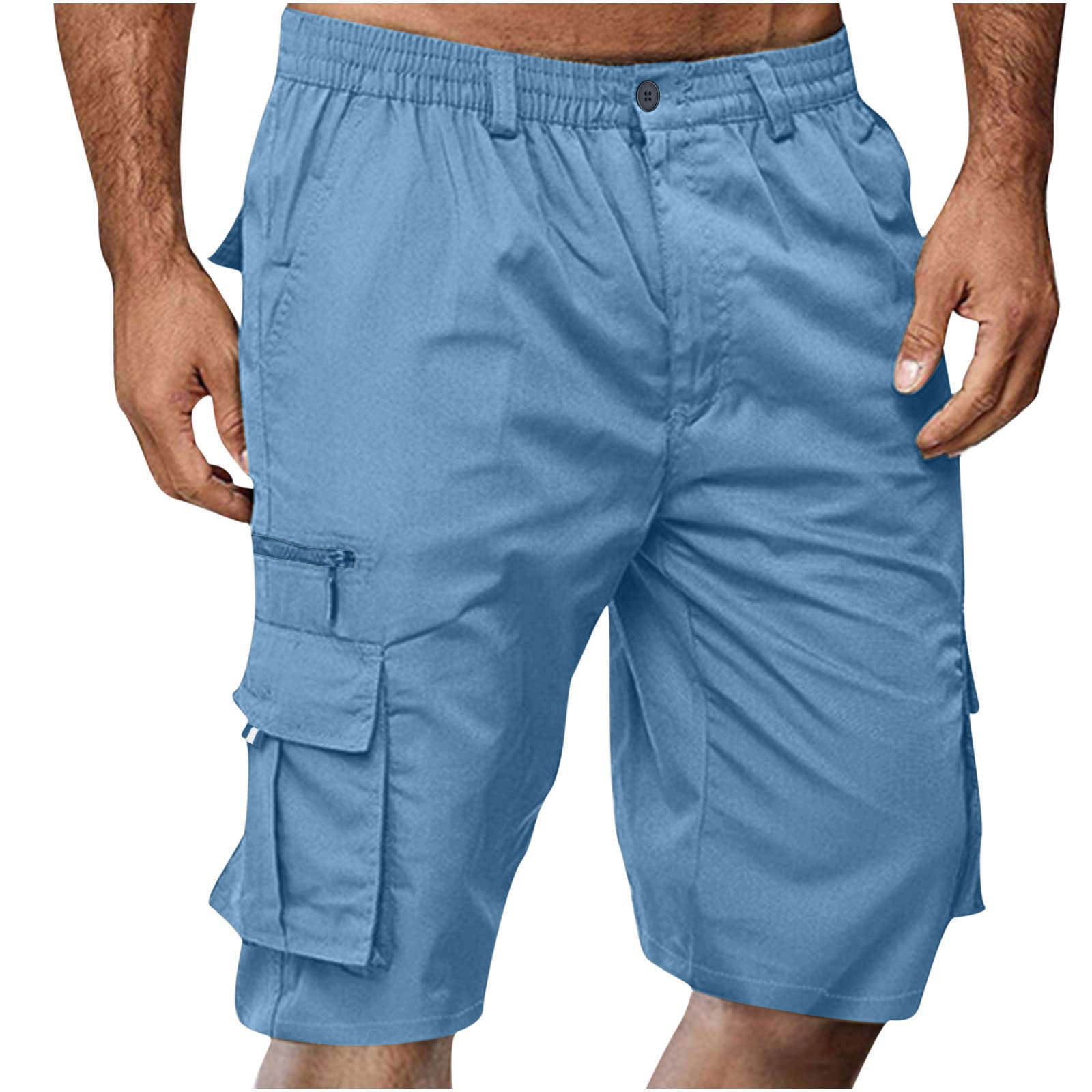 Mens Cargo Shorts Solid Color Casual Elastic Waisted Zip Up Button Cropped Cargo Shorts with ...