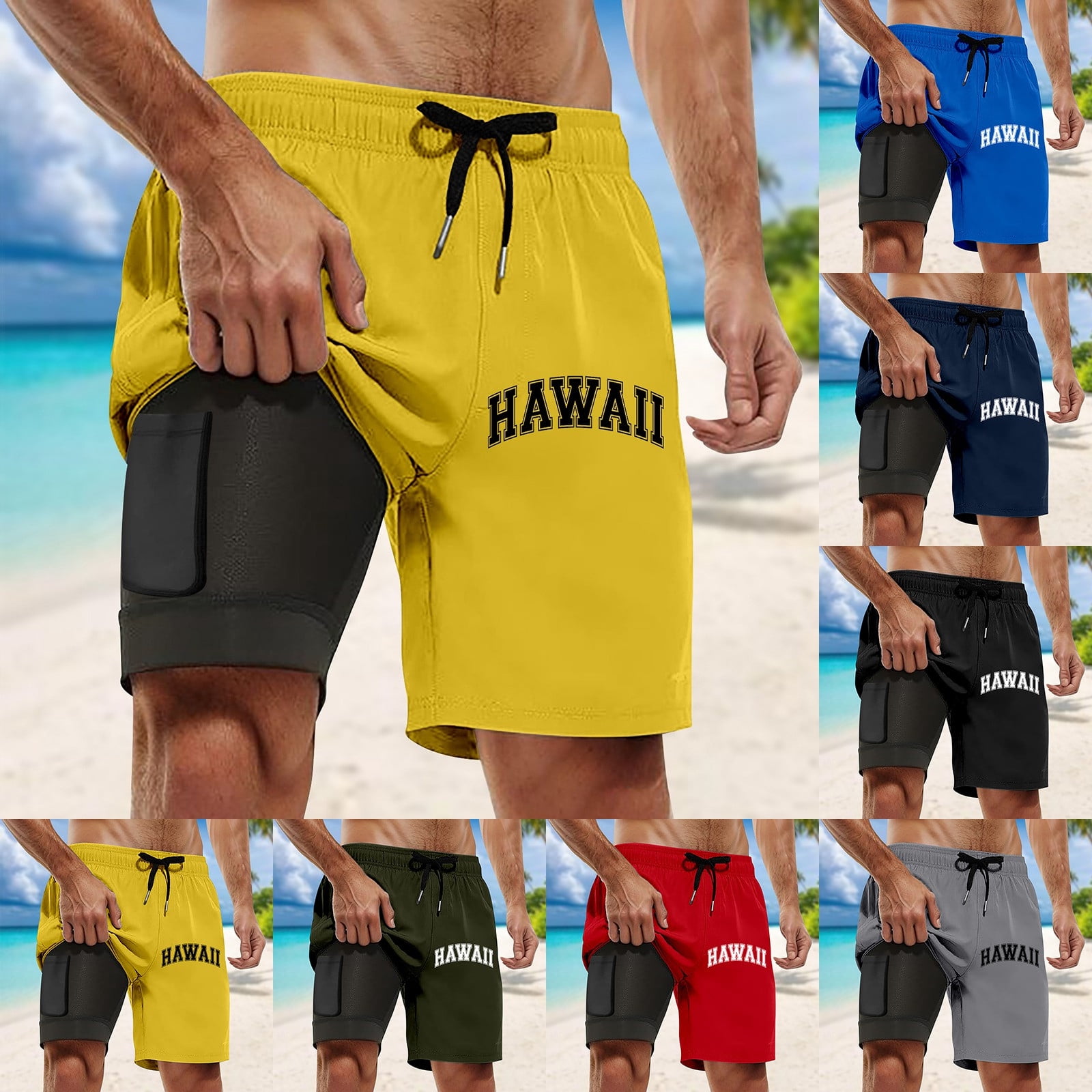 Mens Cargo Shorts Swim Trunks Compresssion Liner Inseam Board Shorts ...