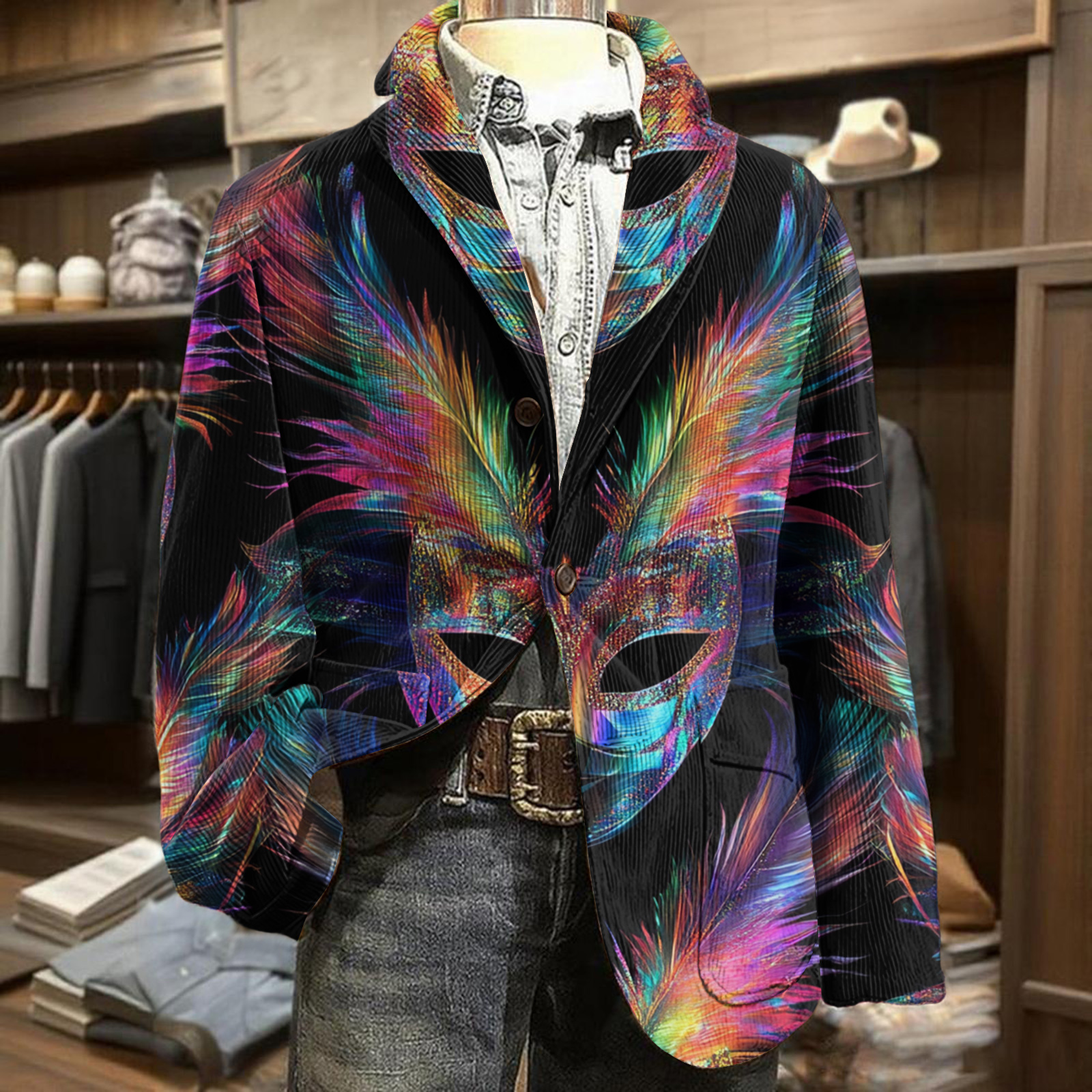 Mens Carnival Corduroy Blazer Jacket Glitter Mask Print Sport Coat 2 ...