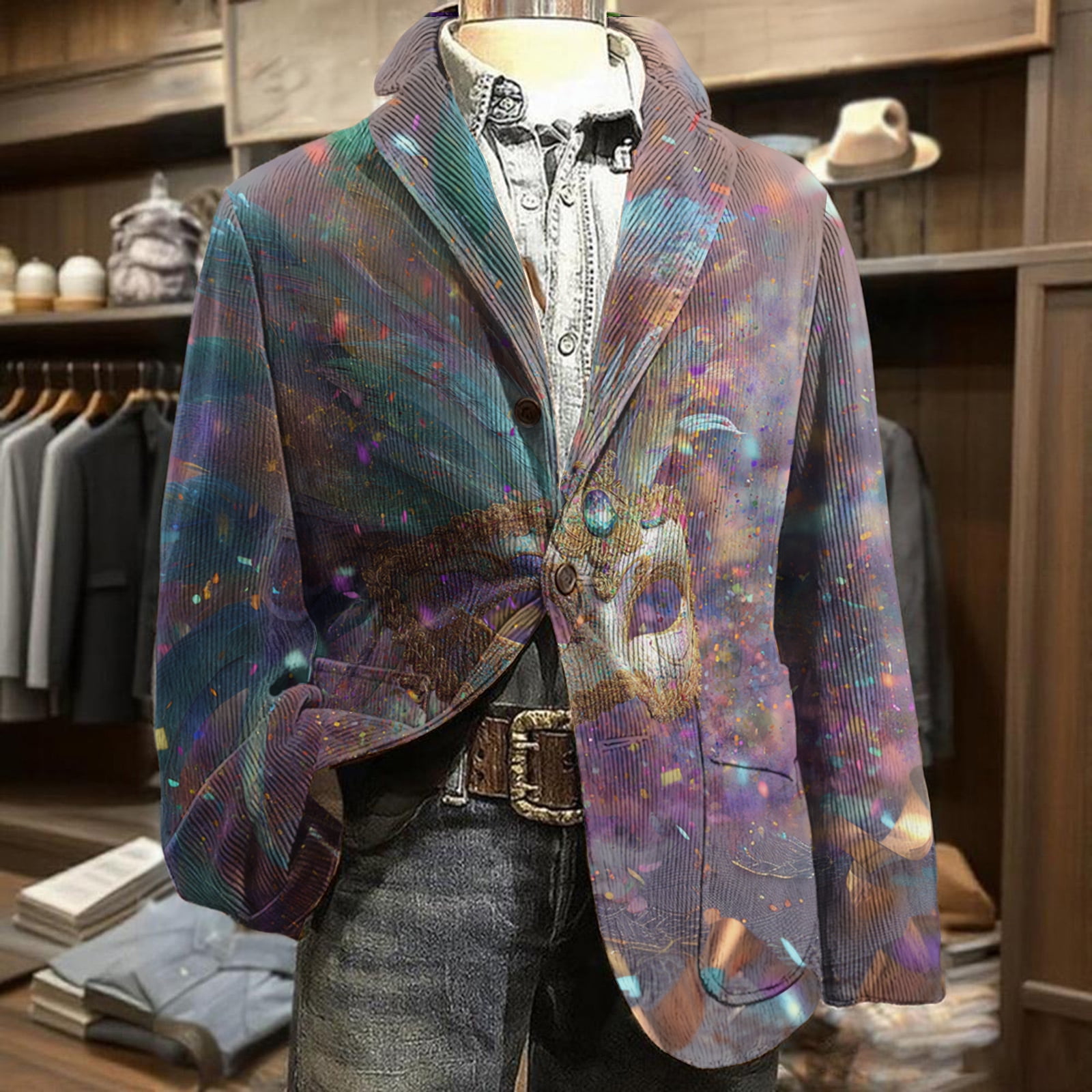 Mens Carnival Jacket Blazer Corduroy Mask Feather Print Slim Fit 2 ...