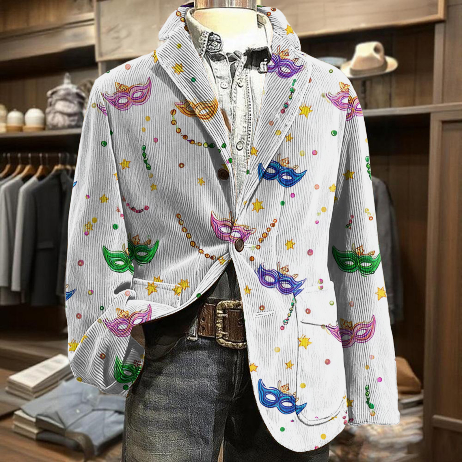 Mens Carnival Jacket Blazer Corduroy Mask Feather Print Slim Fit 2 ...