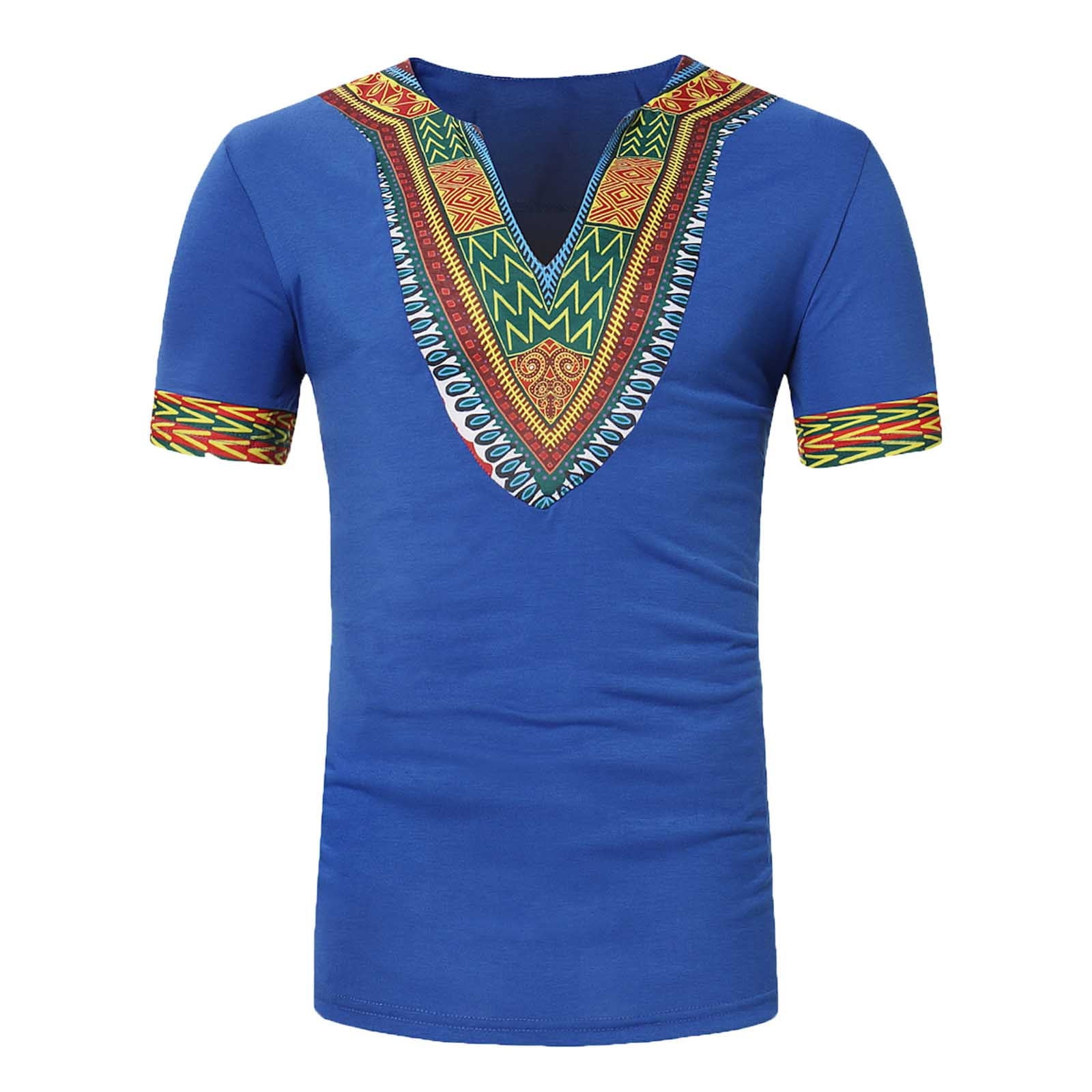 Mens Casual African Ethnic Print T-shirt V-neck Short Sleeve African ...
