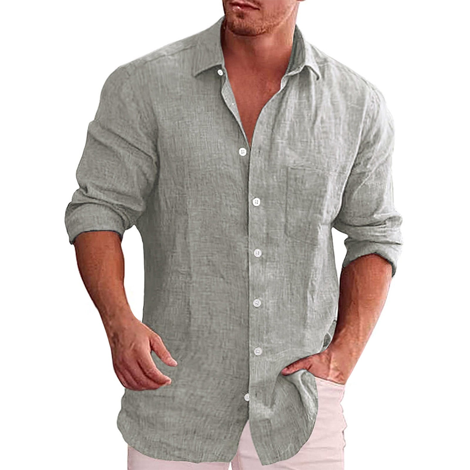 Mens Casual Button Down Shirts Long Sleeve Chambray Shirts Loose Solid ...