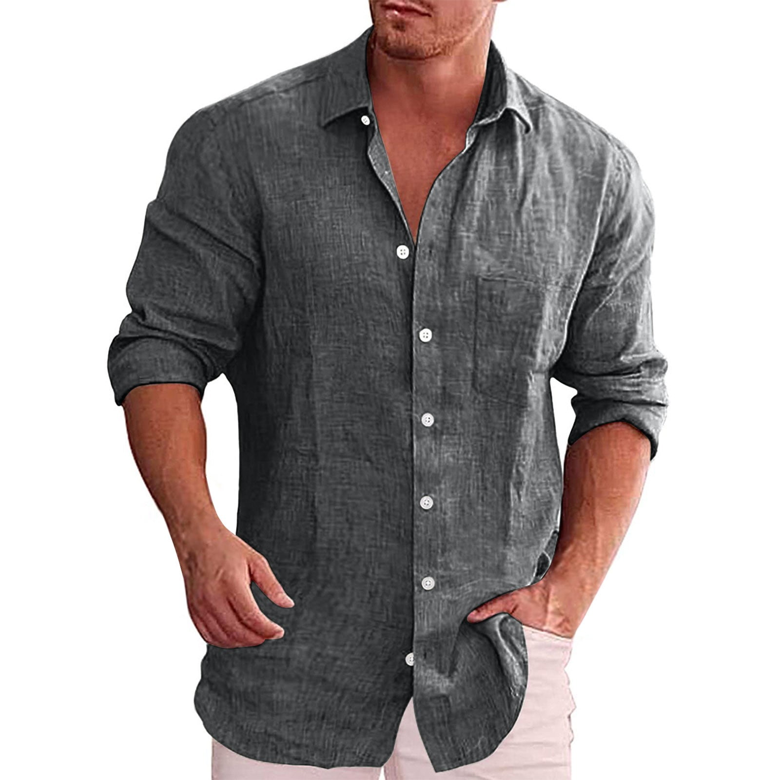 Mens Casual Button Down Shirts Long Sleeve Chambray Shirts Loose Solid Color Shirt Lapel Casual ...