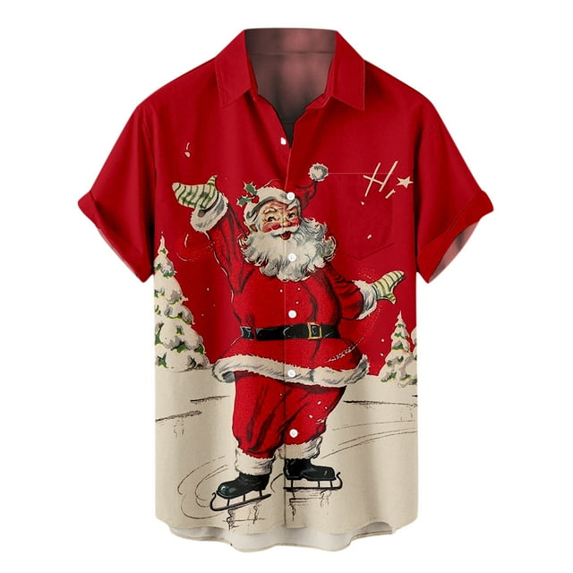 Mens Casual Button Down Short Sleeve Hawaiian Shirt Christmas Santa ...