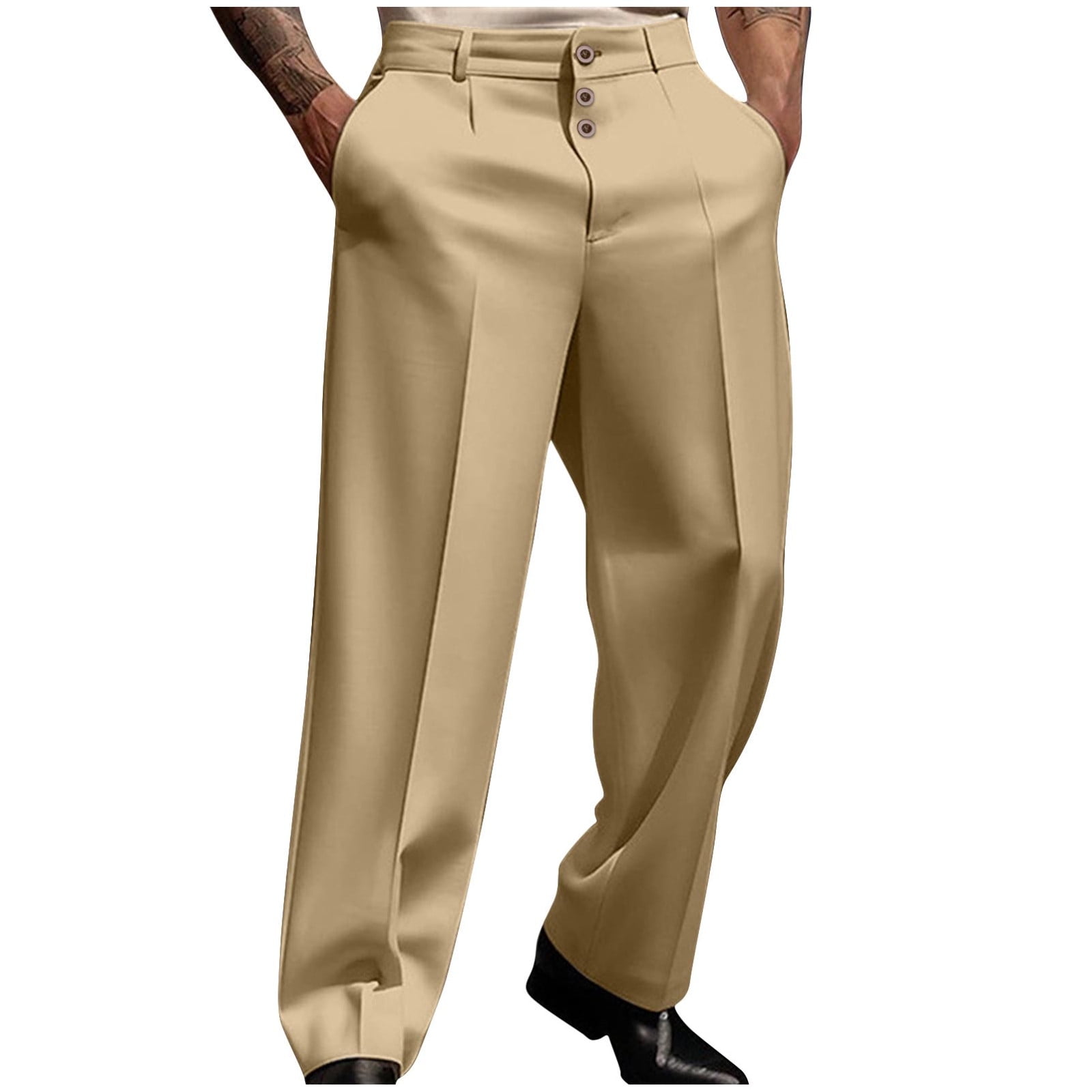 Mens Casual Button Pants Comfort High Waist Wide Leg Business Pants ...