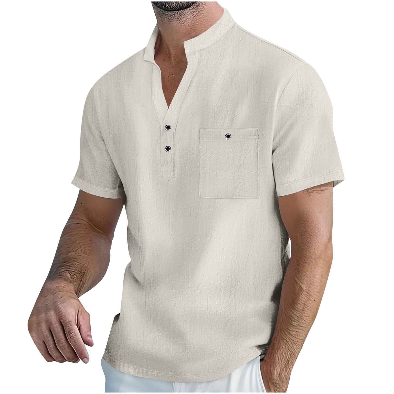 Mens Casual Henley Shirts Linen Short Sleeve V Neck Band Collar Shirt ...