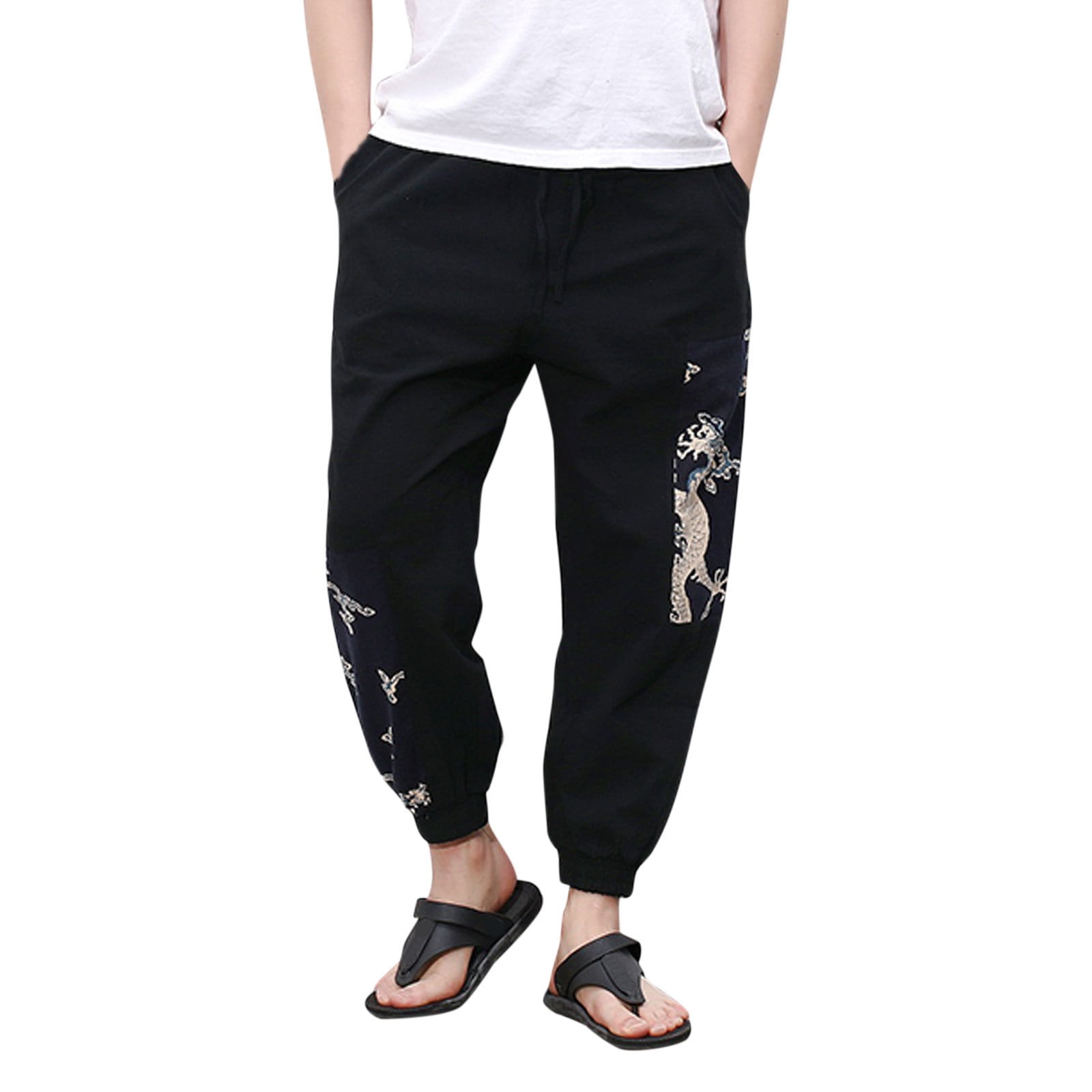 Mens Casual Jog Pants Splice Printed Loose Drawstring Loose Pocket