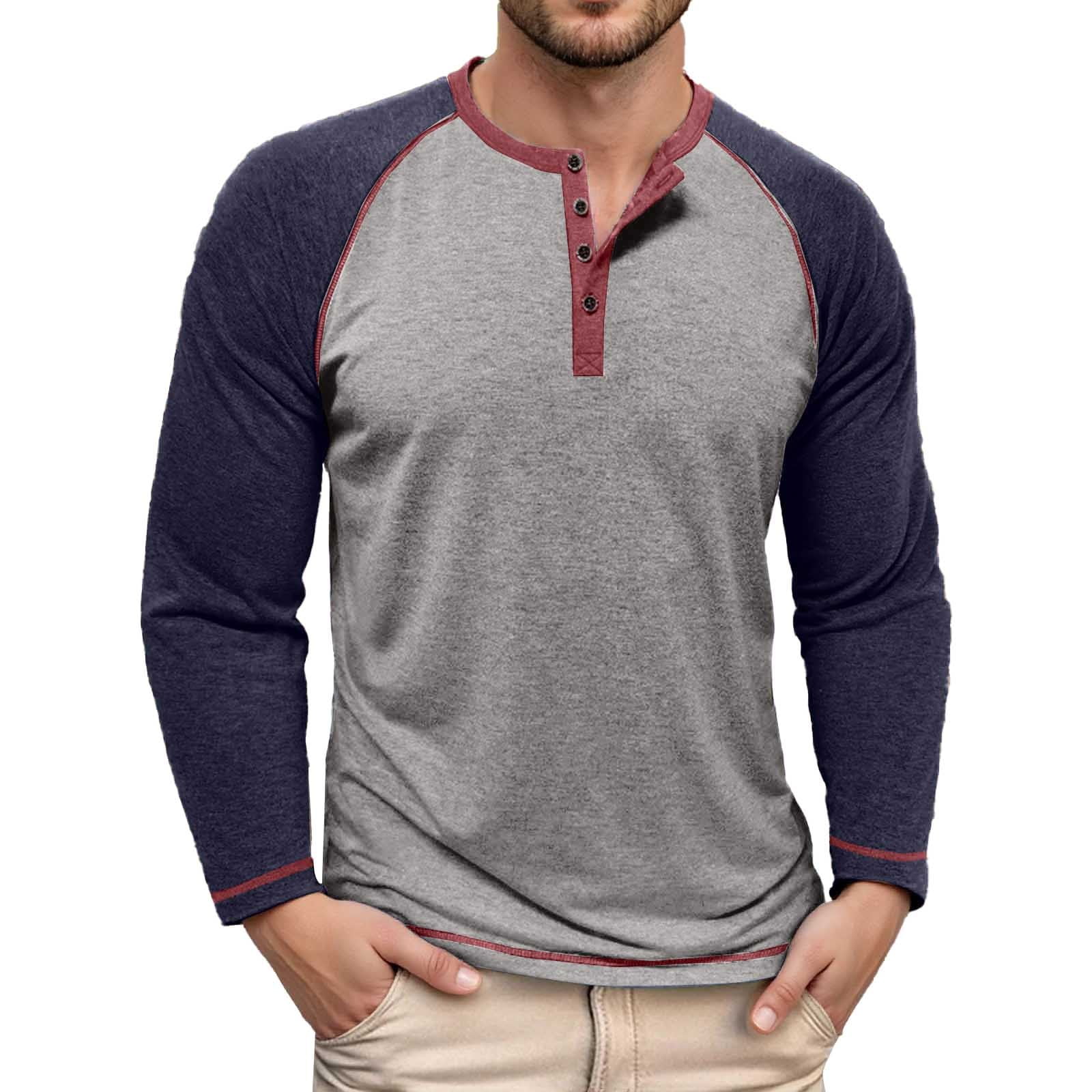 Mens Casual Shirts Slim Fit Basic Round Neck Button Detail Long Sleeve ...