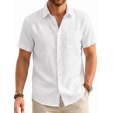 Mens Casual Short Sleeve Cotton Linen Shirts Buttons Down White Summer ...