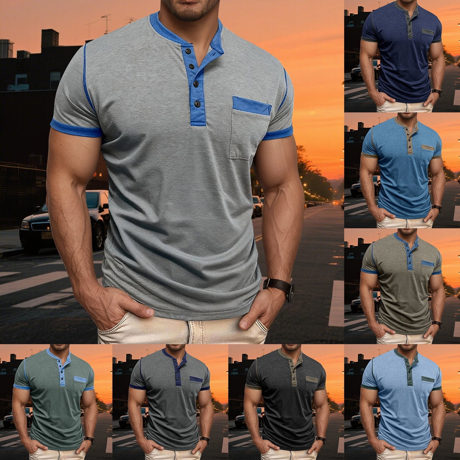 Mens Casual Short Sleeve Henley Shirts Patchwork V Neck Fashion Button ...