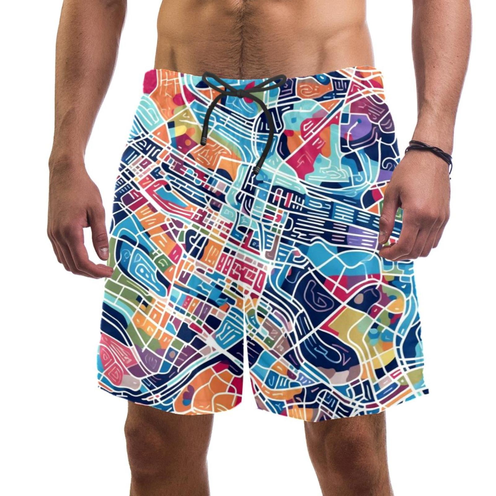 Mens Casual Shorts Surf Beach Shorts Quick Dry Swim Trunks with Map ...