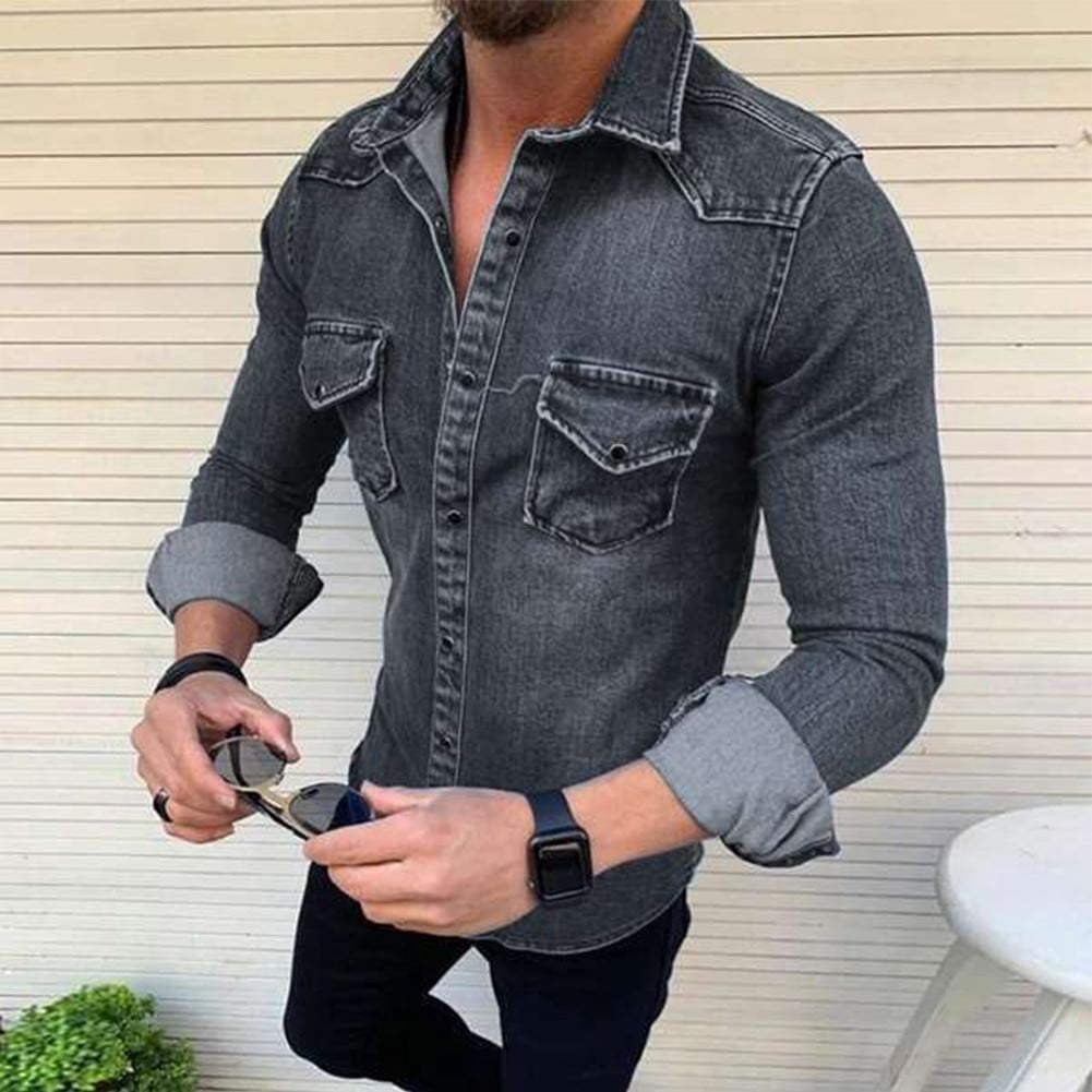 Mens Casual Slim Shirt Jeans Long Sleeve Tops Chest Pocket Snap Button ...