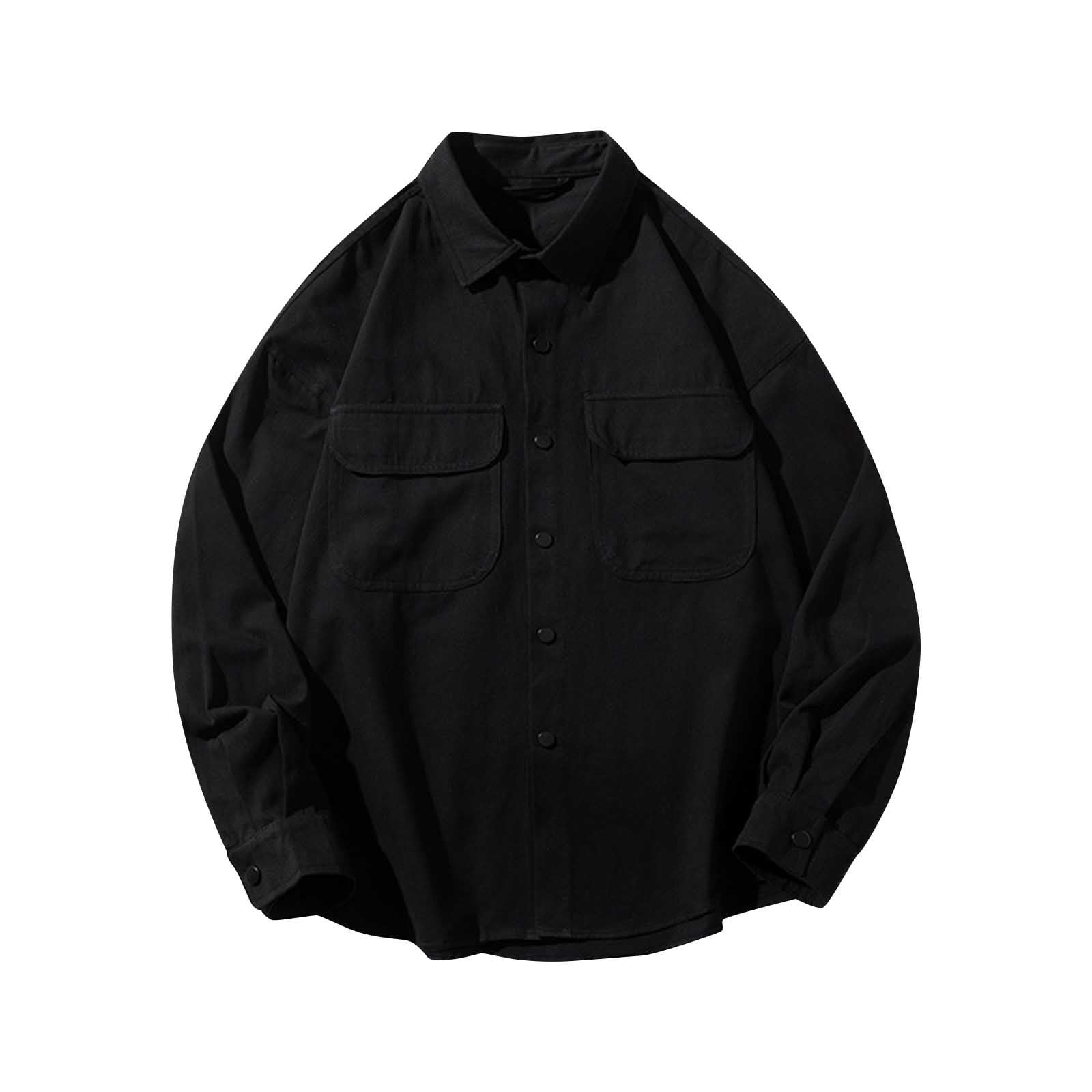 Mens Casual Work Shirt Jacket Solid Lapel Long Sleeved Button Down