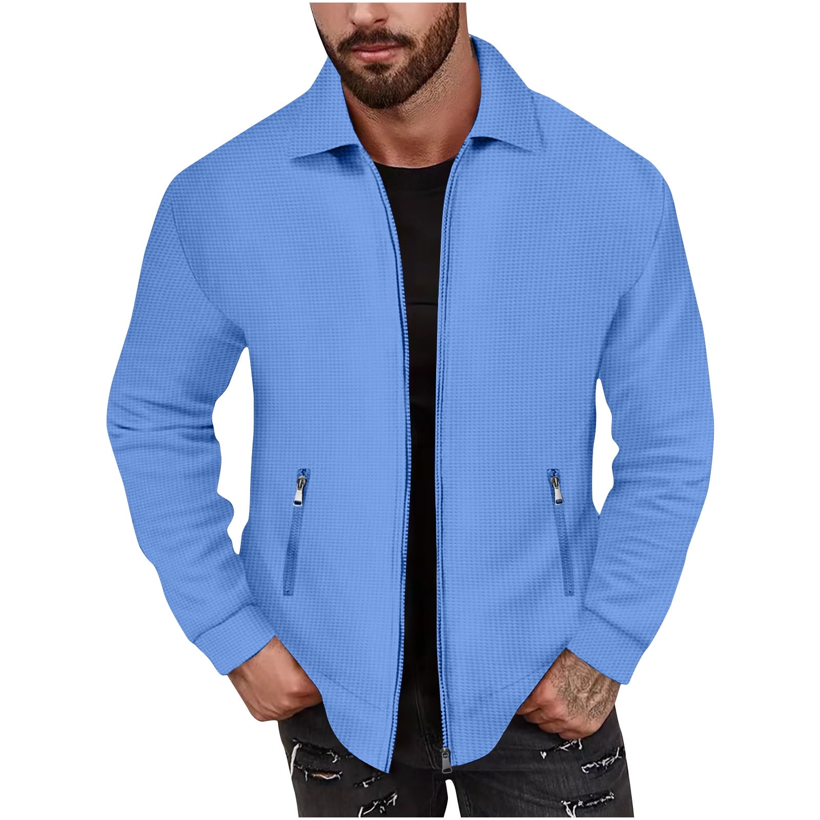 Mens Causal Waffle Jacket Solid Color Lapel Long Sleeve Full Zip Coat ...