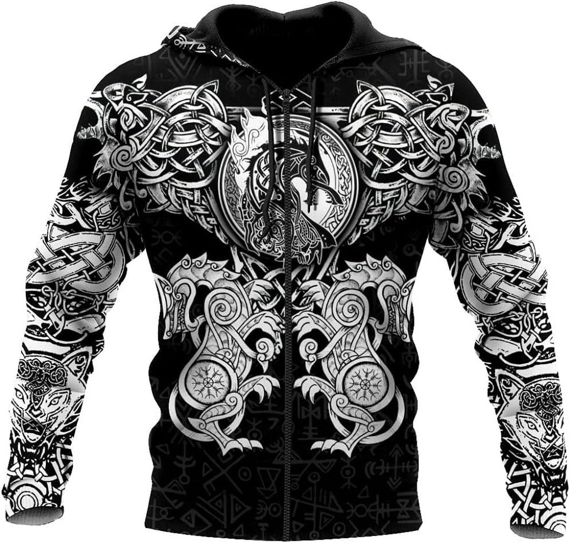 Mens Celtic Knot Fenrir Wolf Rune Viking Dragon Hoodie Norse Mythology 3D Full Body Printed Rune ...