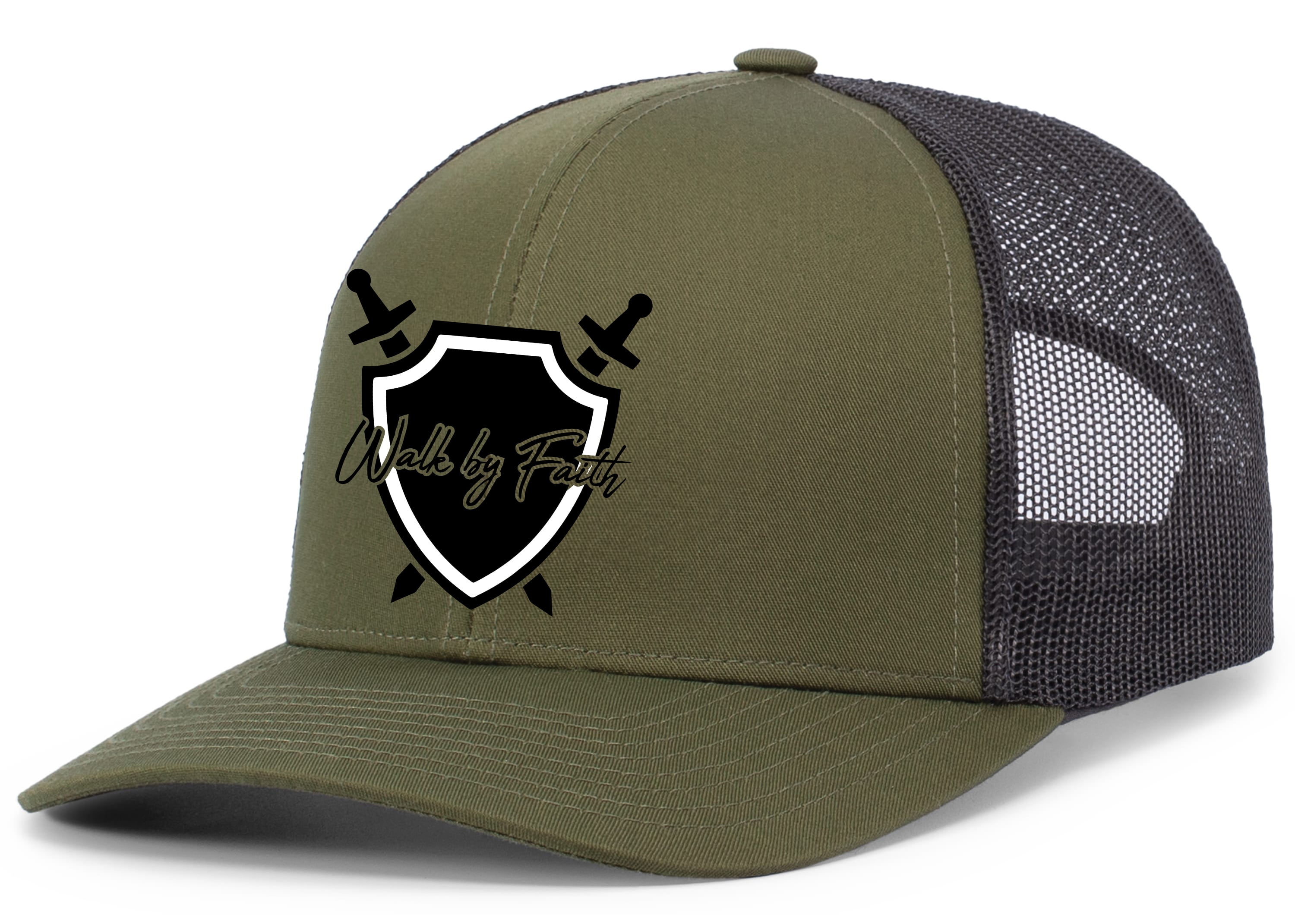 Mens Christian Hat Walk By Faith Shield Christ Faith Mesh Back Trucker ...