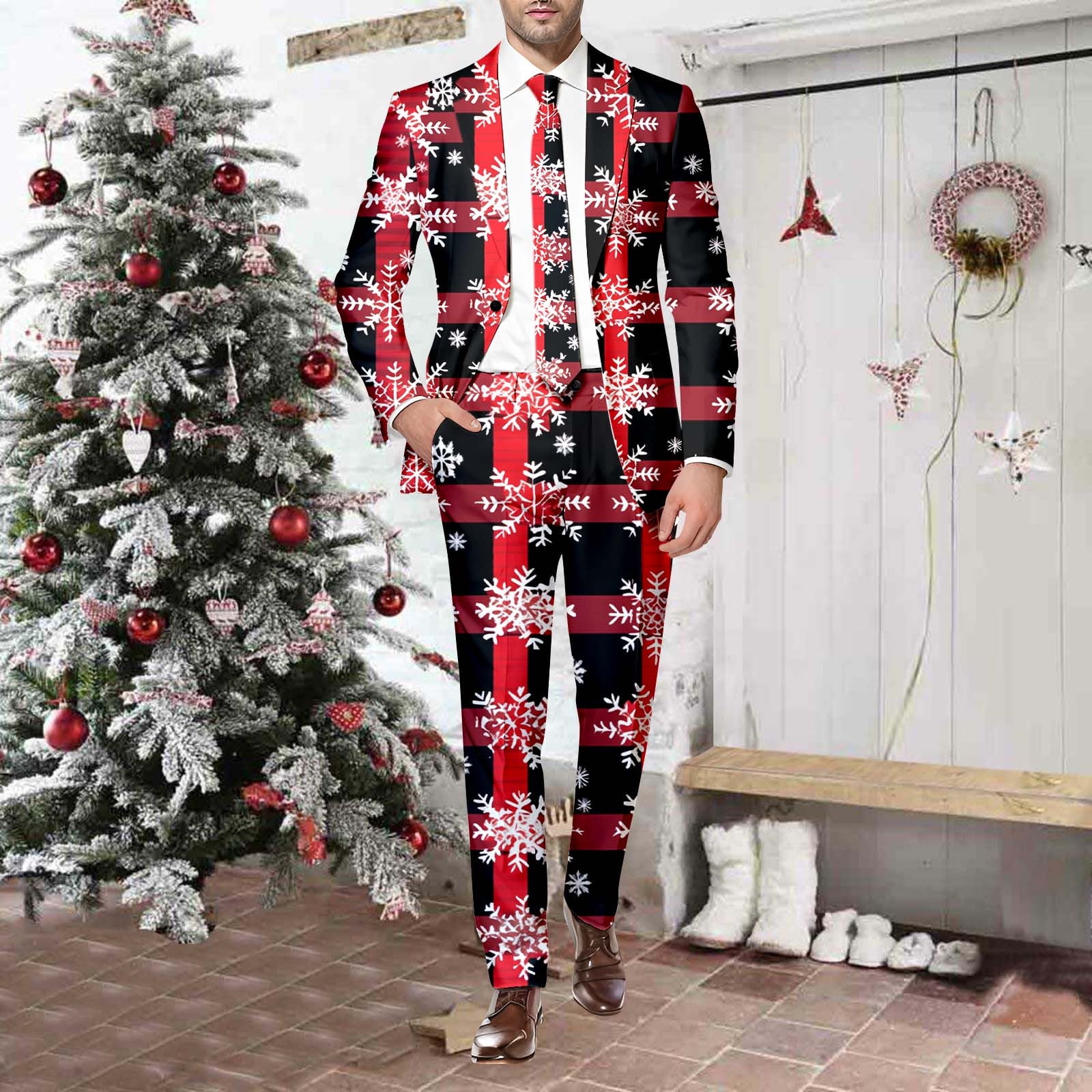 Mens Christmas Suits 2 Piece Funny Xmas Snowflake Plaid Printed Casual ...