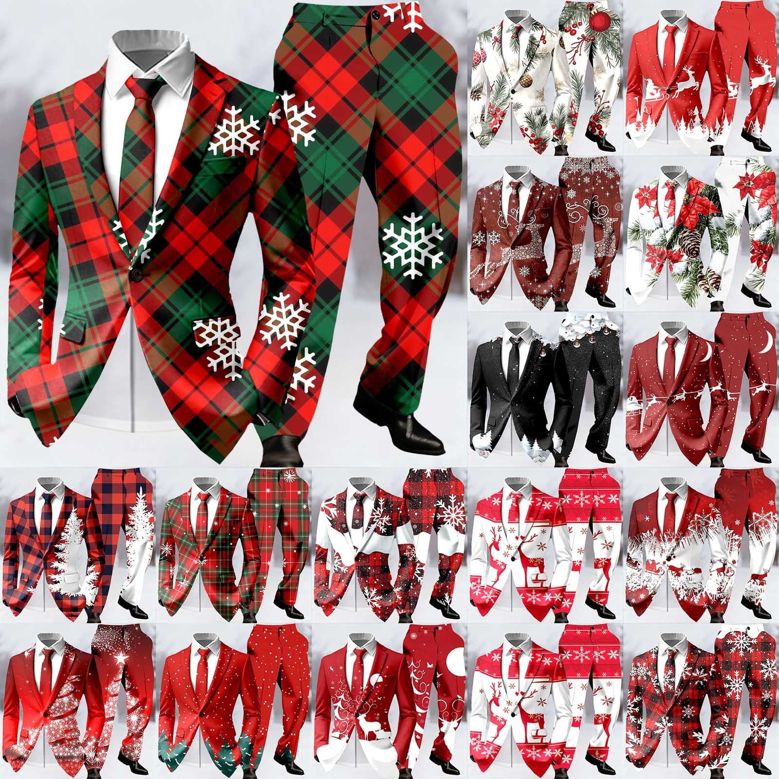 Mens Christmas Suits 2 Piece Trendy Funny Xmas Plaid Printed One Button ...