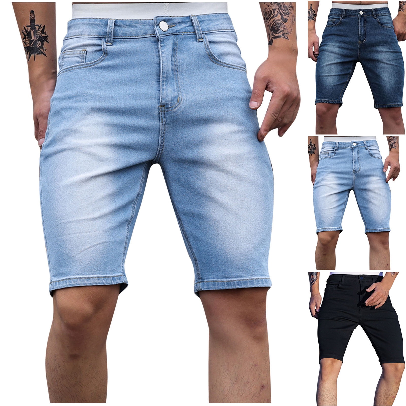 Mens Classic Relaxed Fit Jean Shorts Zipper Elastic Slim Casual Denim ...