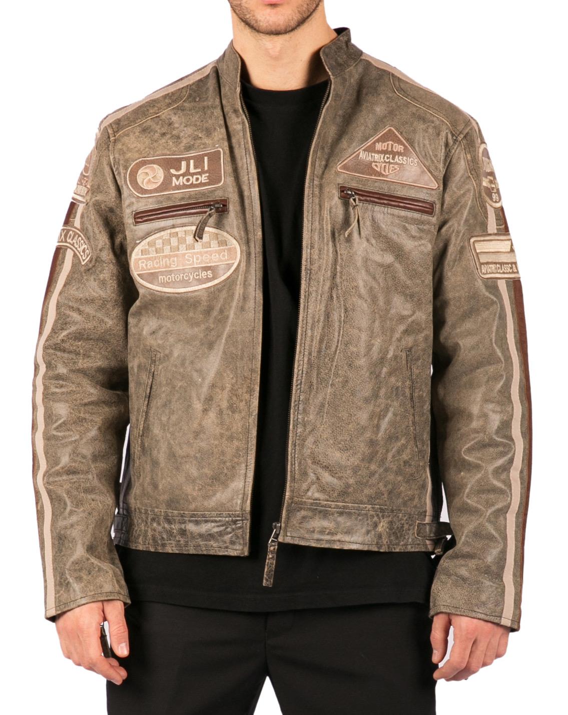 Mens Classic Retro Biker Racer Real Leather Jacket Desert Brown Grey ...