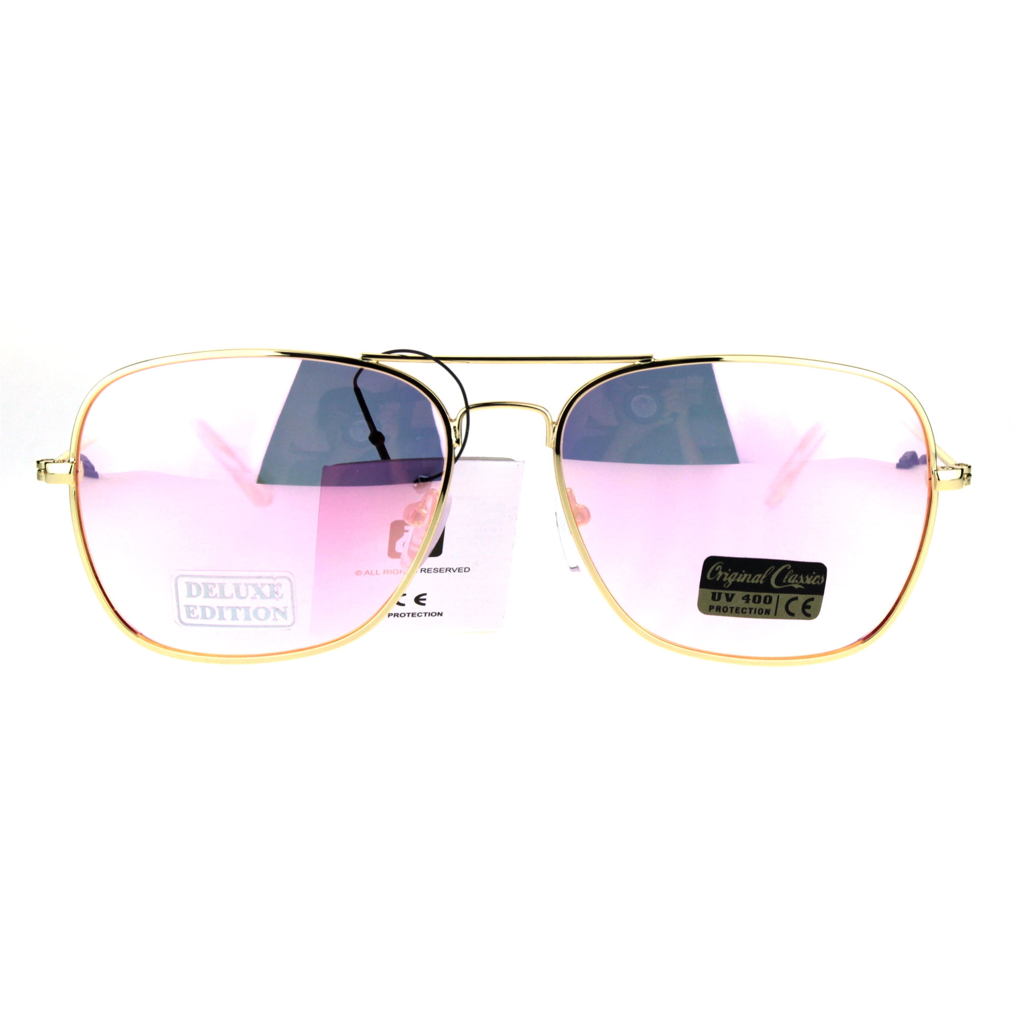 Mens Color Mirror Officer Rectangular Metal Rim Aviator Sunglasses Pink ...