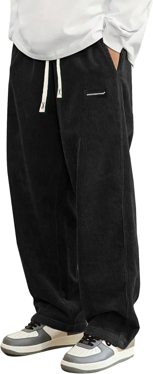 HIDKAT, Mens Corduroy Casual Pants, Elastic Waist Drawstring, Wide Leg ...