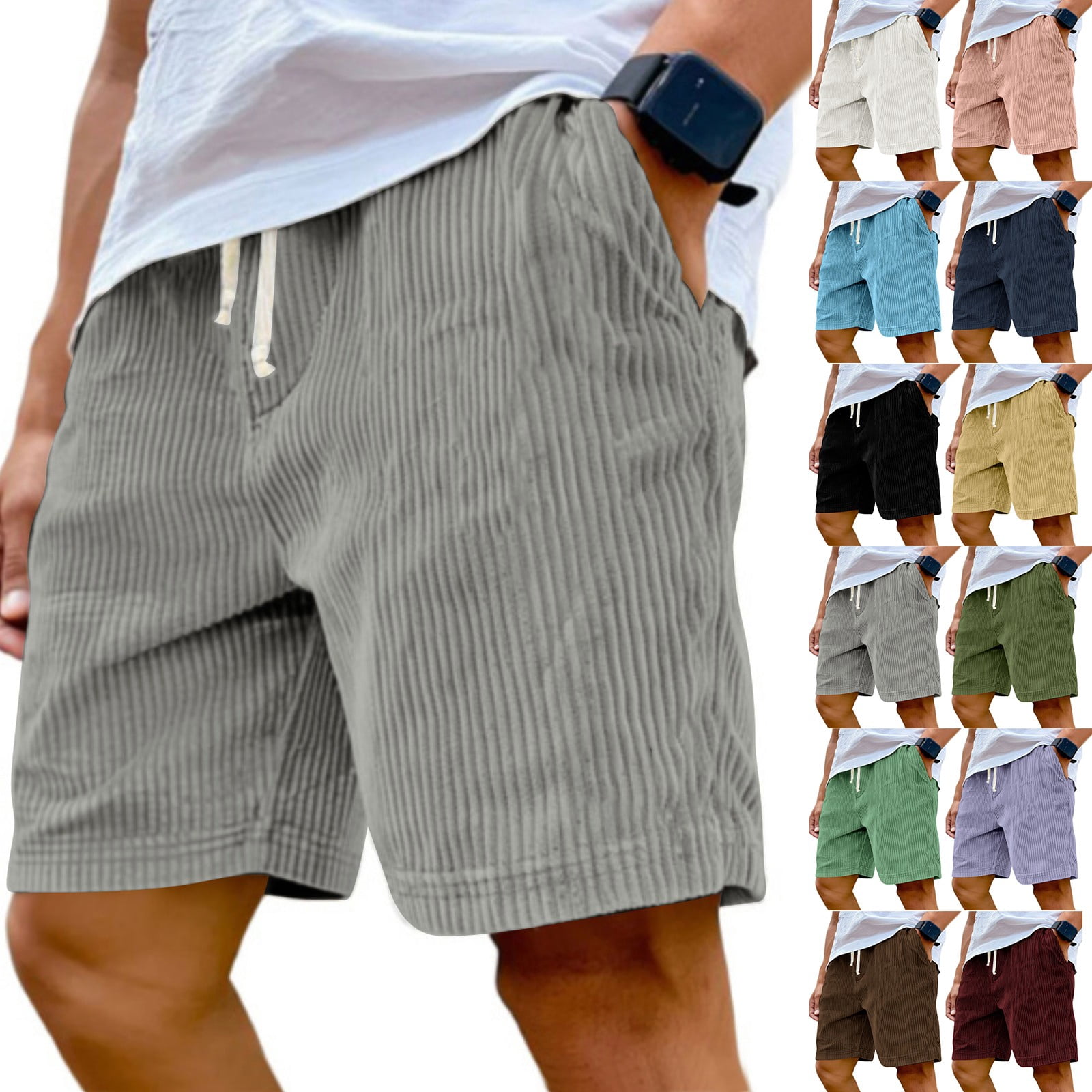 Mens Corduroy Shorts Relaxed Fit Elastic Waist Wide Leg Lightweight ...