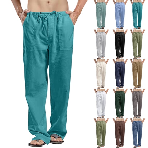 Mens Cotton Linen Pants Elastic Drawstring Waist Straight-Legs Pants ...
