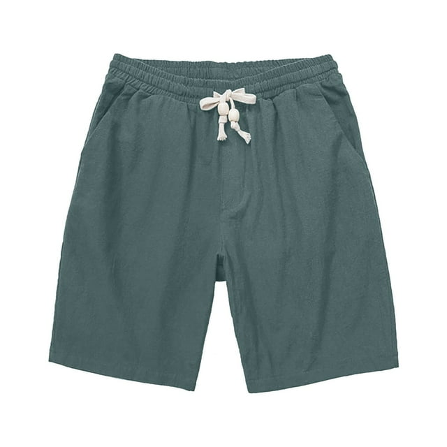 Mens Cotton Linen Shorts Casual Elastic Waist Drawstring Straight Leg