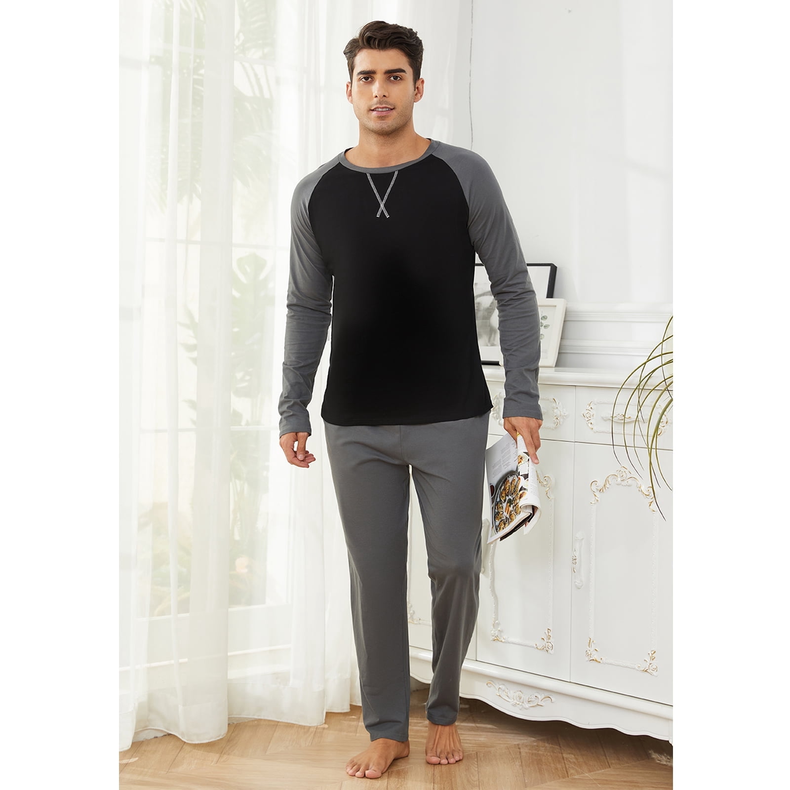 Mens Cotton Pajama Sets Long Sleeve Sleepwear for Men 2 Piece Mens ...