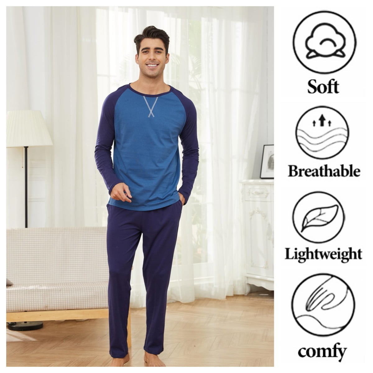 Mens Cotton Pajama Sets Long Sleeve Sleepwear for Men 2 Piece Mens ...