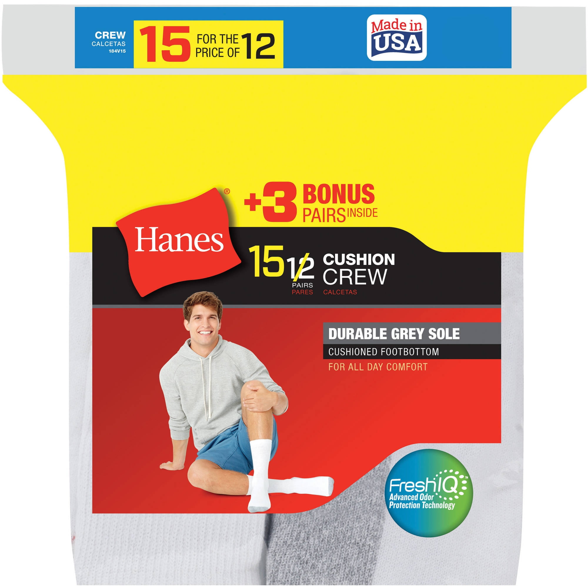 Mens Crew Socks, 12 + 3 Bonus Pack - Walmart.com