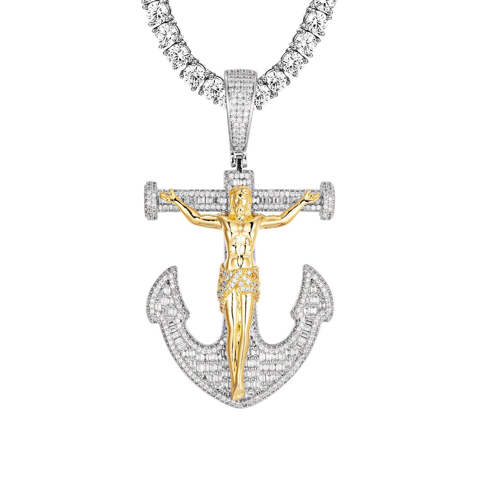 Mens Cross Anchor Jesus Iced Out Yellow Tone Pendant Chain - Walmart.com