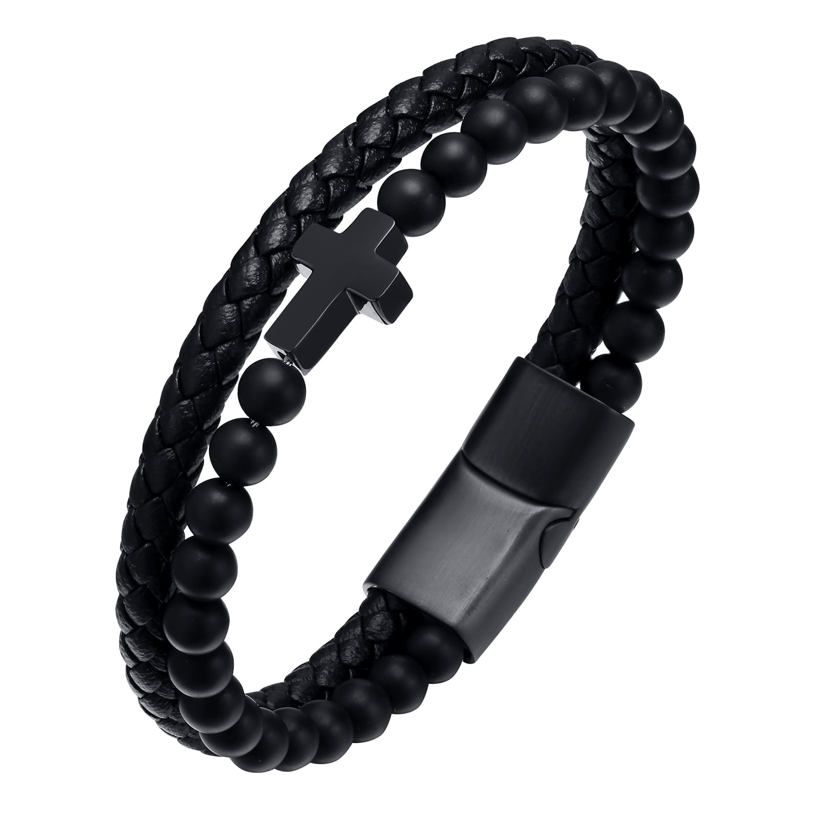 Mens Cross Bead Braided Genuine Leather Bracelet, Black Gemstone Agate ...