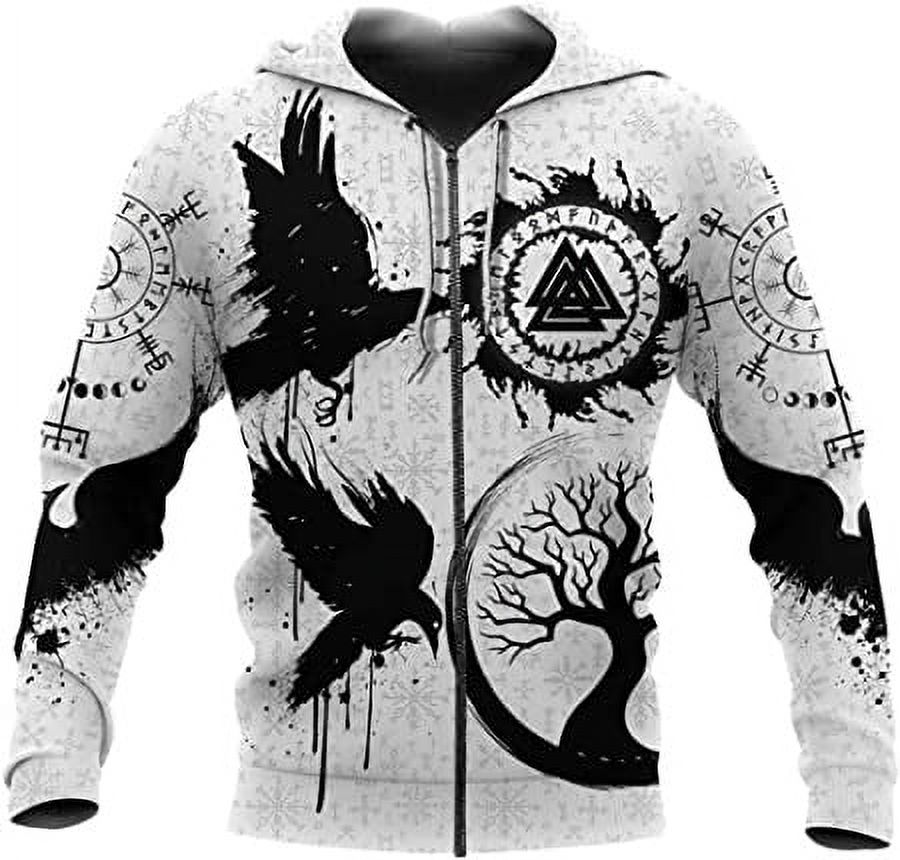 Mens Crow Vegvisir Tree Of Life Tattoo Full Zip Hoodie, Norse Mythology 3D Printed Long Sleeve ...
