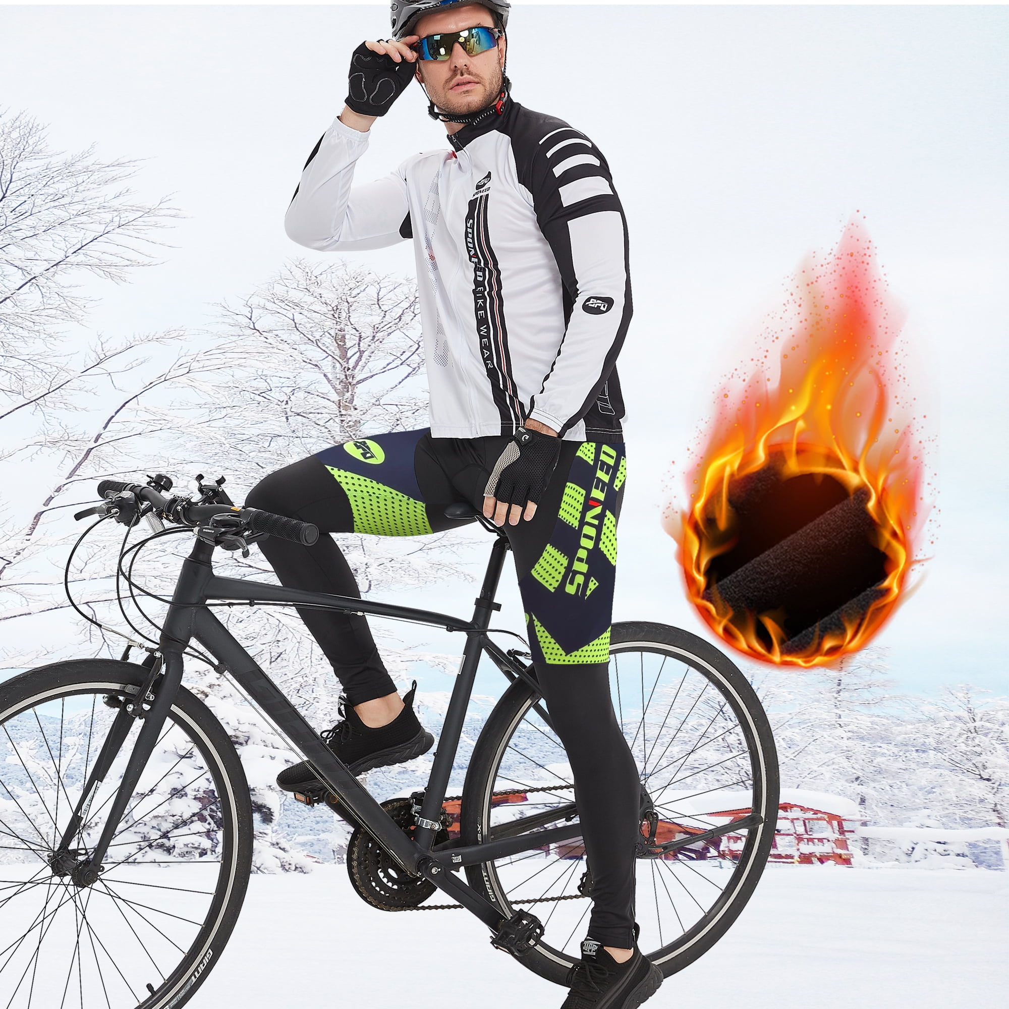 Mens Cycling Compression Pants Men Fleece Lined Leggings Winter Bike Biking Long Pants Green L ...