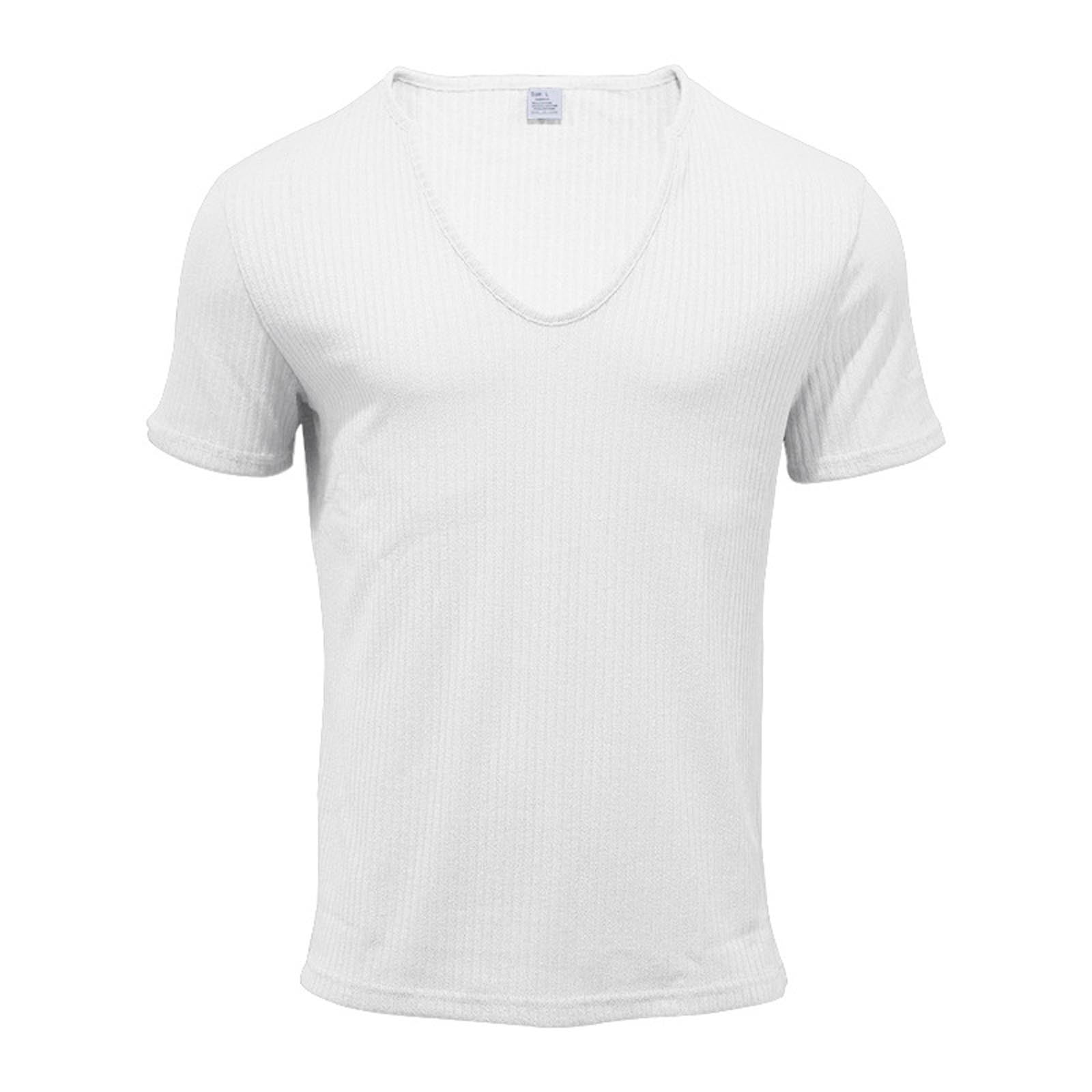 Mens Deep V Neck T-Shirts Solid Stripe Pull-On Workout Tee Tops Loose ...
