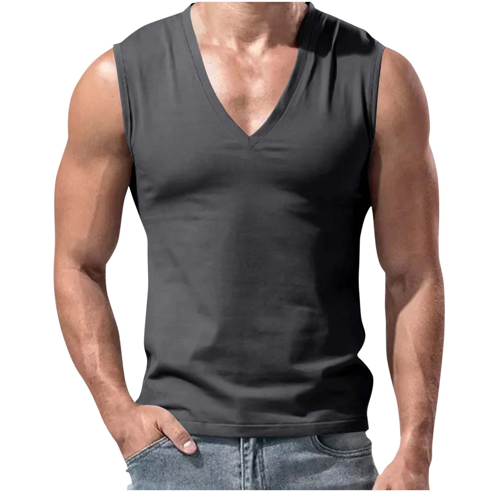 Mens Deep V Neck Tank Tops, Stretch Muscle Gym Workout Sleeveless Slim ...