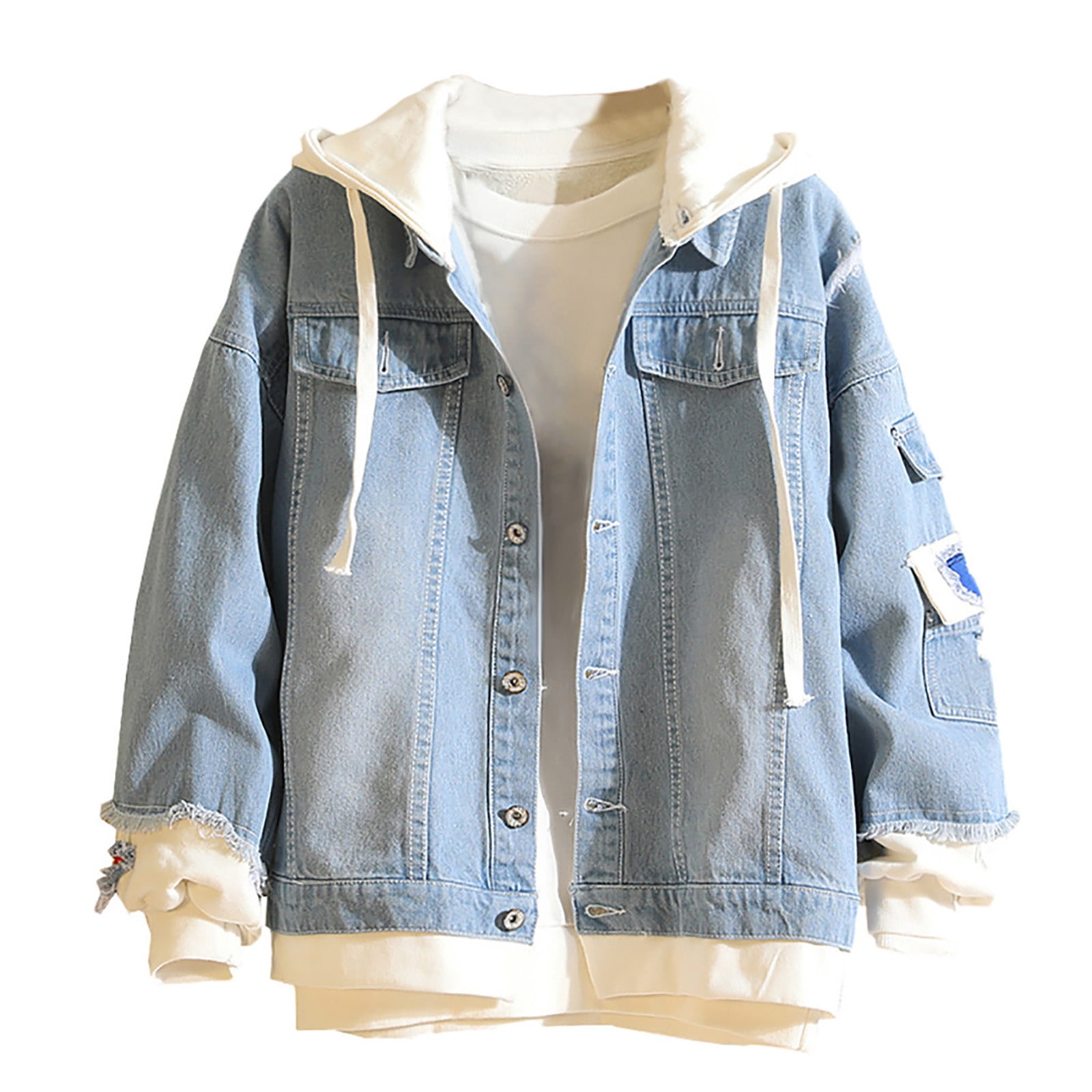 Mens Denim Jacket Two Piece Denim Jacket Distressed Attached Hood Loose ...