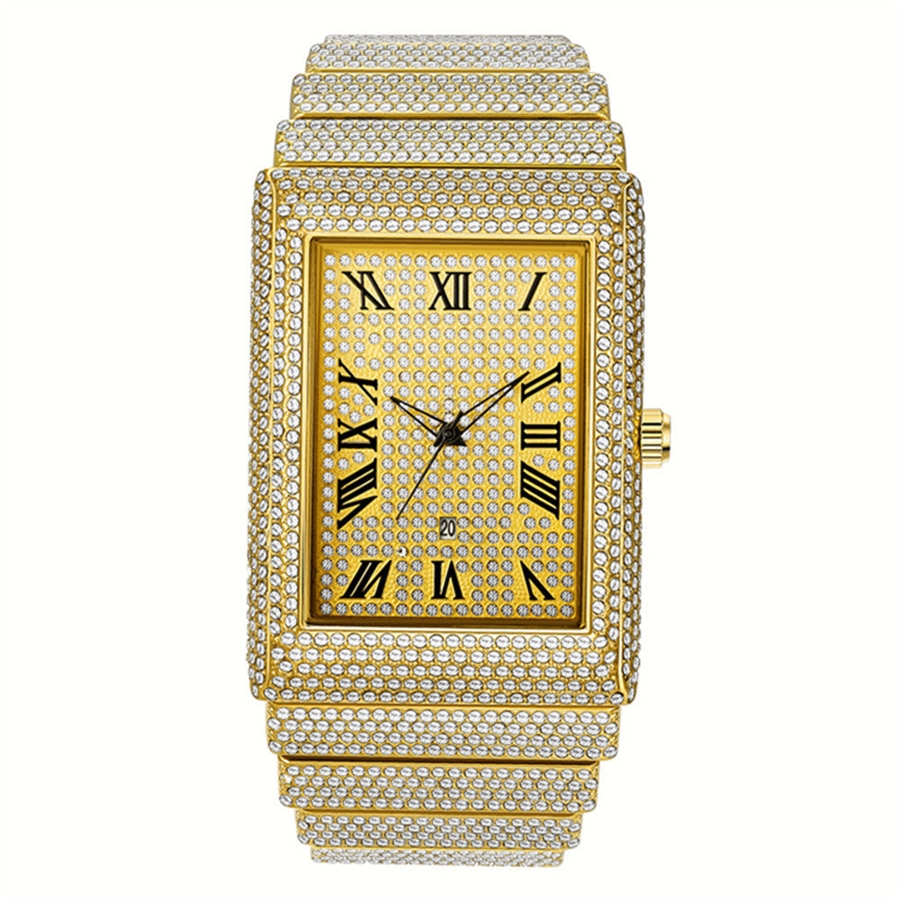 Mens Diamond-Embedded Starry Golden Quartz Watch: Fashion Alloy Watch ...