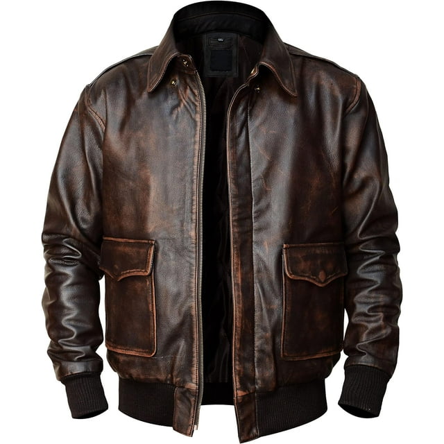 Men’s A2 Bomber Distressed Brown Leather Jacket - Walmart.com