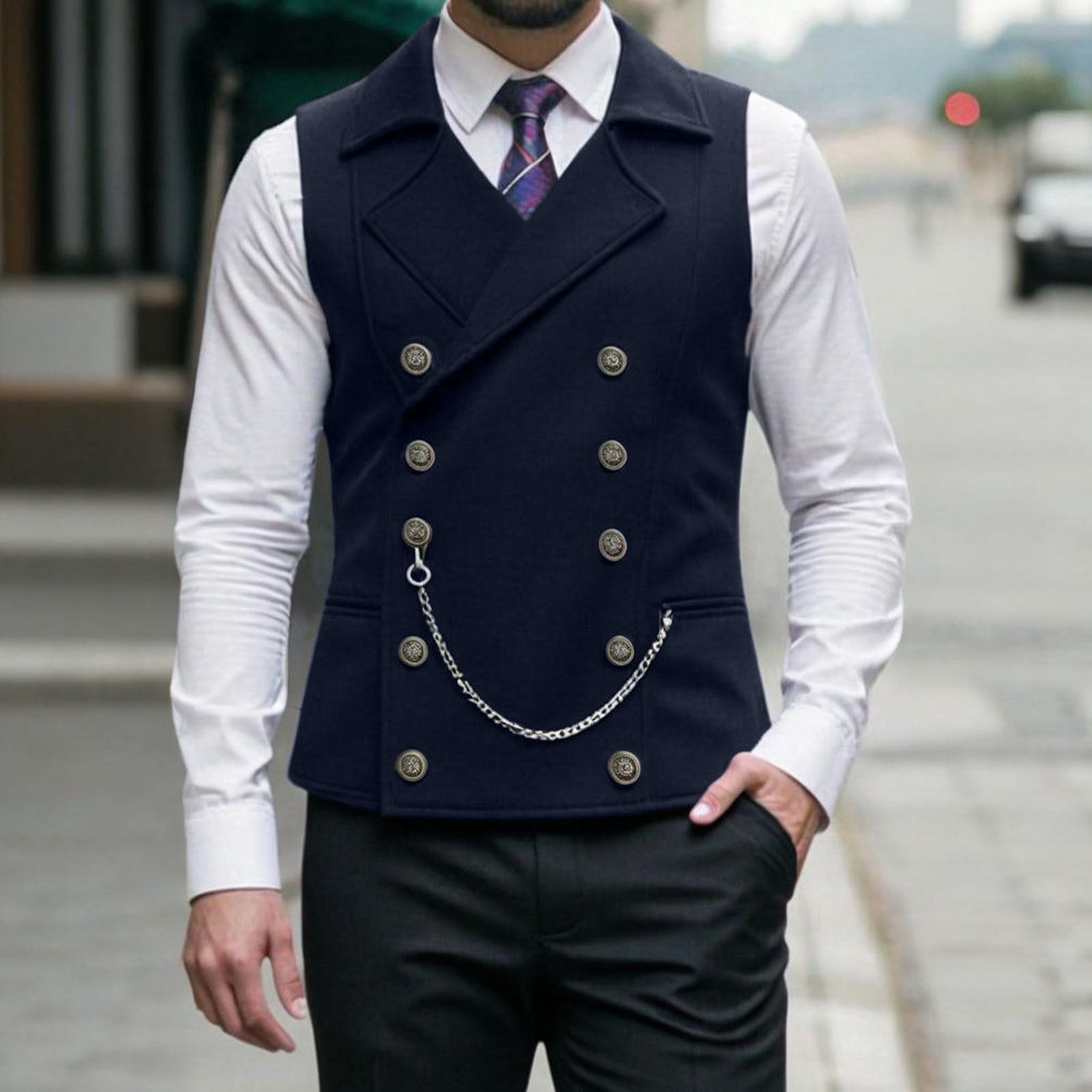 Mens Double Breasted Classic Vests Groomsman Wedding Waistcoat Wide ...