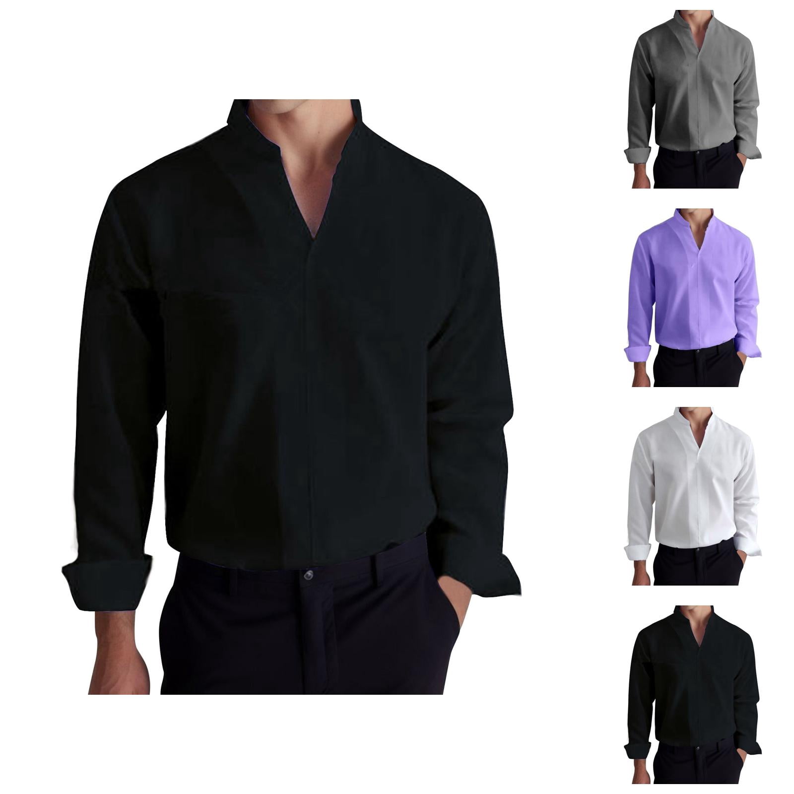 Mens Dress Shirts Long Sleeve Stand Collar Business Casual Formal Work ...